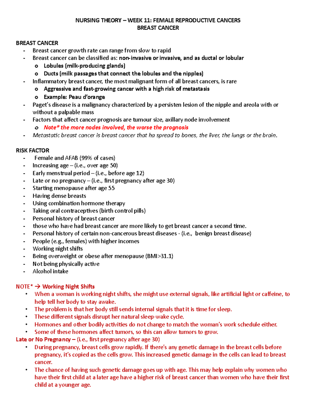 NT Breast Cancer - NURSING THEORY – WEEK 11: FEMALE REPRODUCTIVE ...