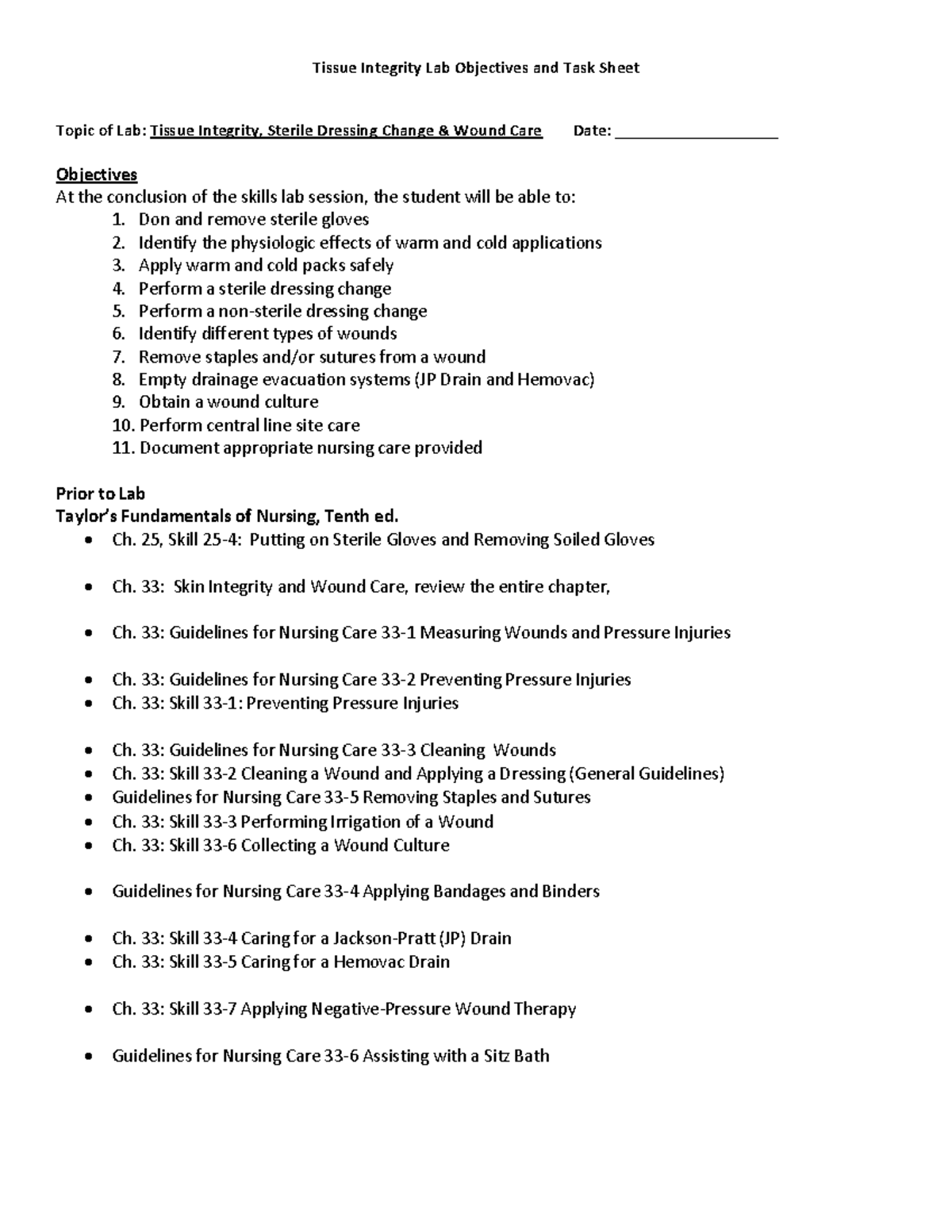 Tissue Integrity Lab Task Sheet - Tissue Integrity Lab Objectives and ...