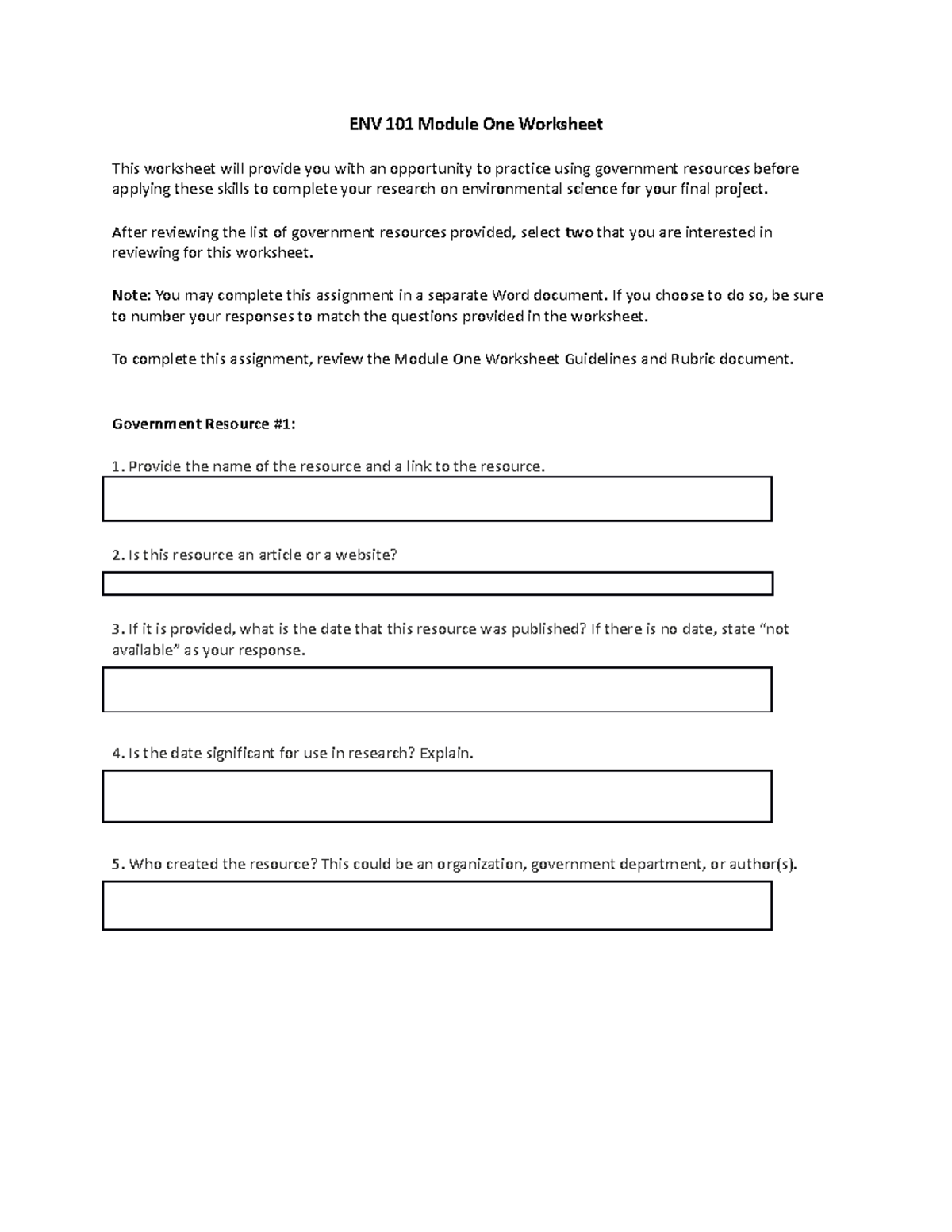ENV 101 Module One Worksheet - ENV 101 Module One Worksheet This ...