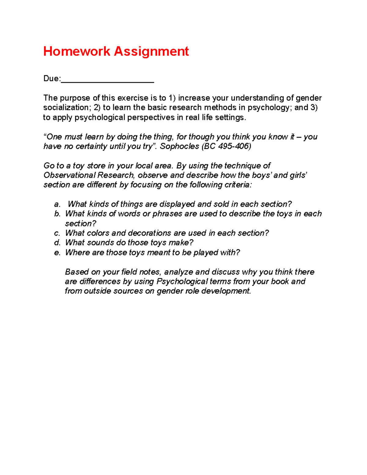 Homework gender conformity in toys - Homework Assignment Due ...