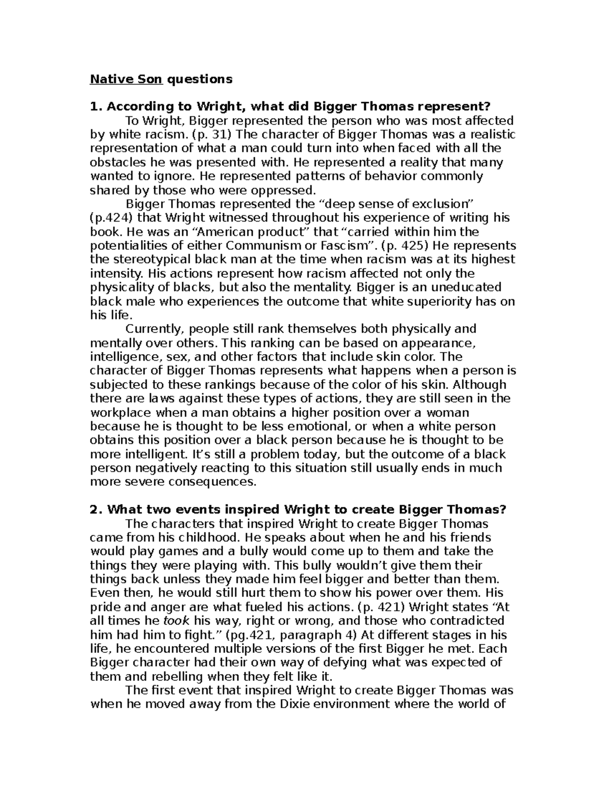 Native Son questions - African American Lit. Book Question Answers ...