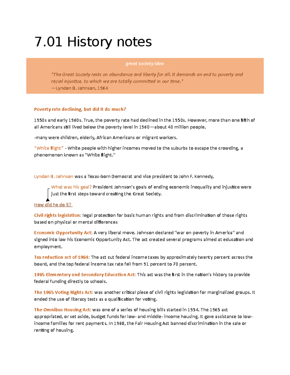 7.01 - 7.02 U.S History Notes - 7 History notes The great society idea ...