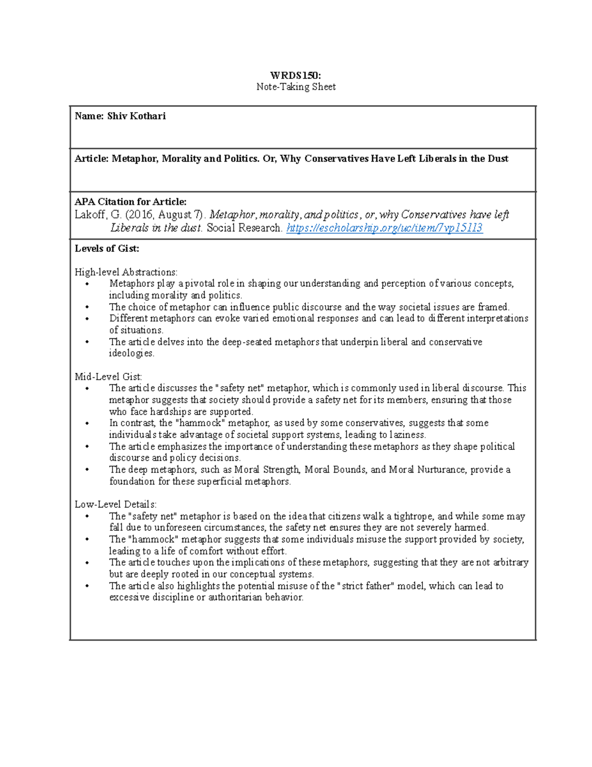 Note-Taking Sheet 2 - WRDS150: Note-Taking Sheet Name: Shiv Kothari ...