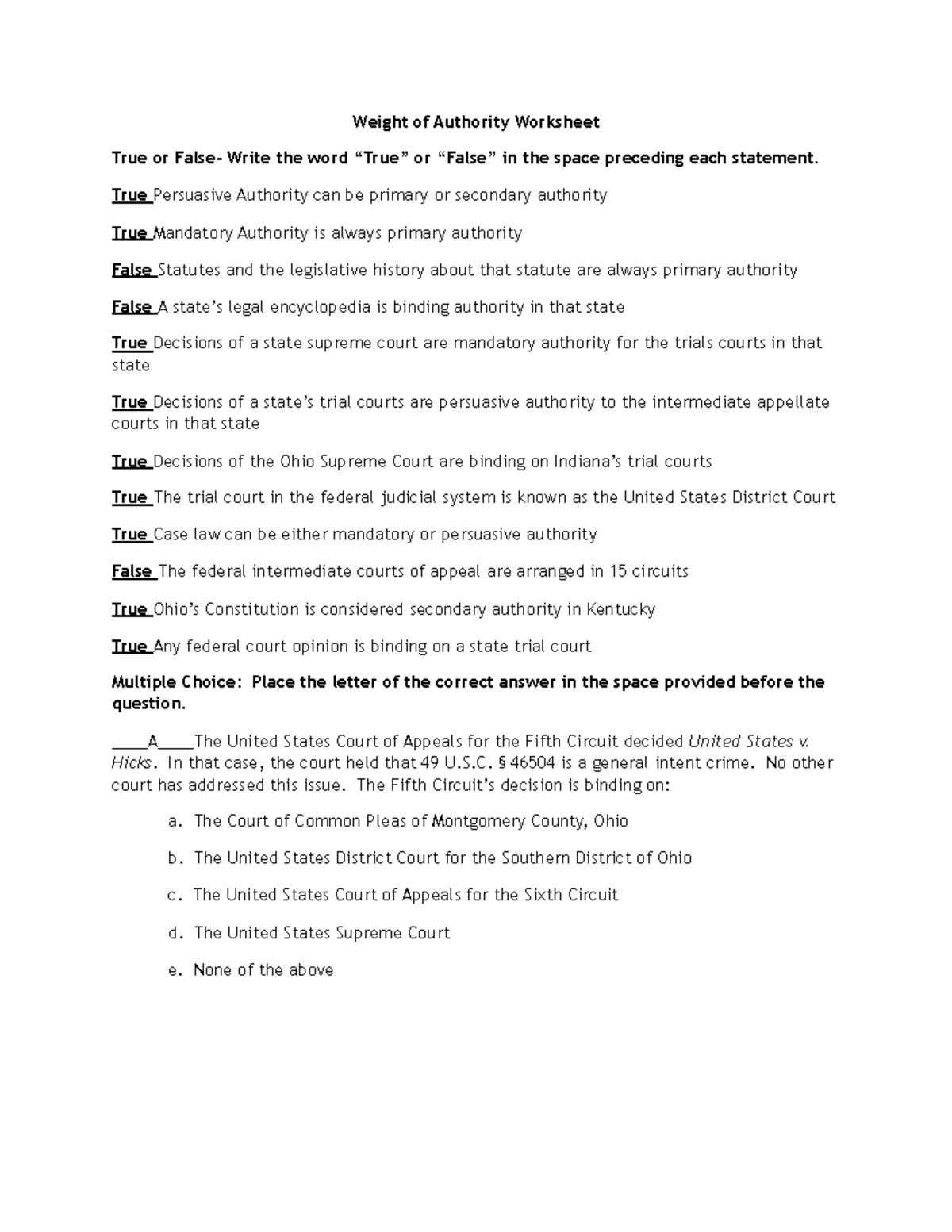 Weight of Authority Worksheet - True Persuasive Authority can be ...