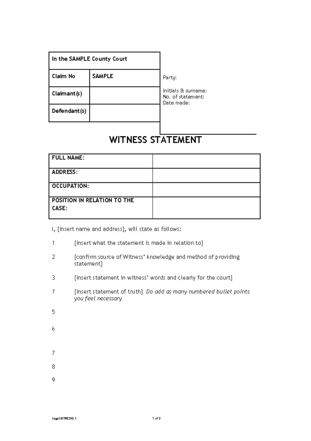 Task 1 - Template - Witness Statement - In the SAMPLE County Court ...