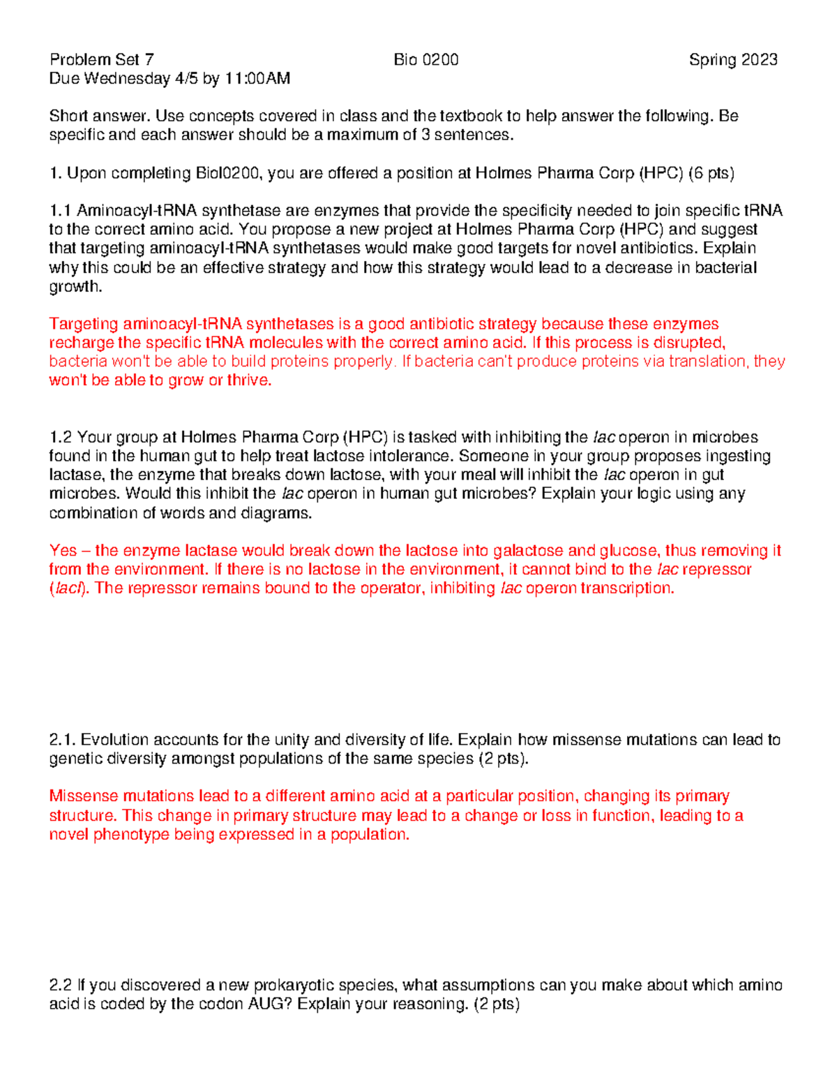 Problem Set 7 KEY - Problem Set 7 Bio 0200 Spring 2023 Due Wednesday 4/ ...