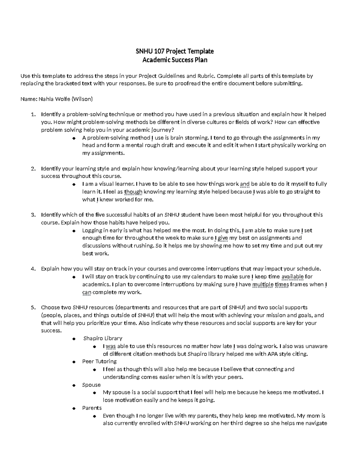 SNHU 107 Project - SNHU 107 Project Template Academic Success Plan Use ...