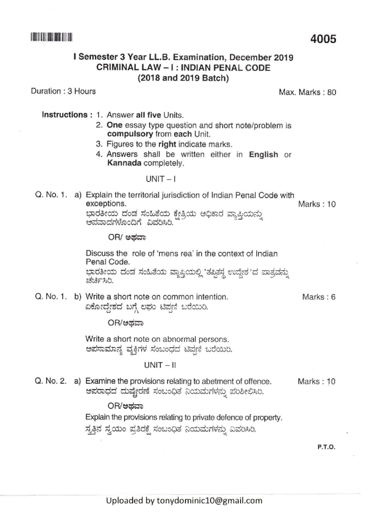 Criminal LAW - I IPC - 2019 December first semester IPC Question paper ...