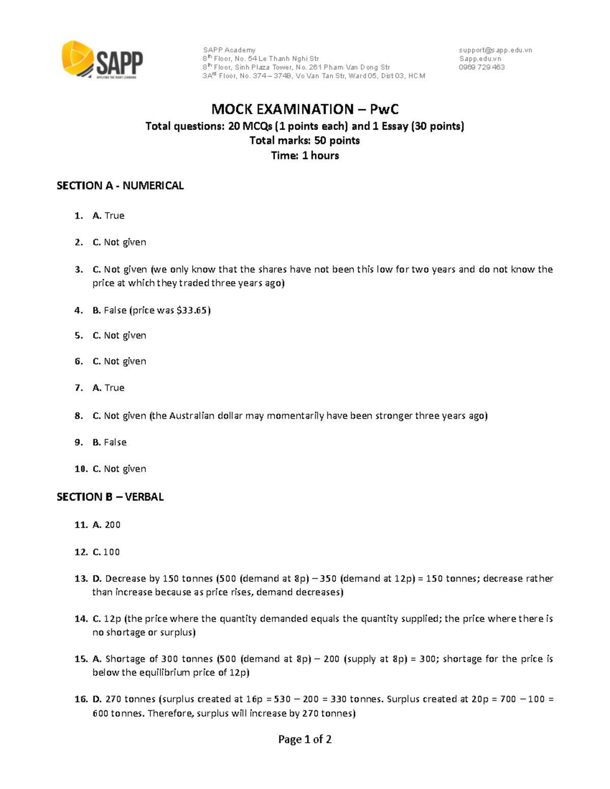 Final test - Pw C - A - 3 - For PwC Test - Page 1 of 2 SAPP Academy 8 ...