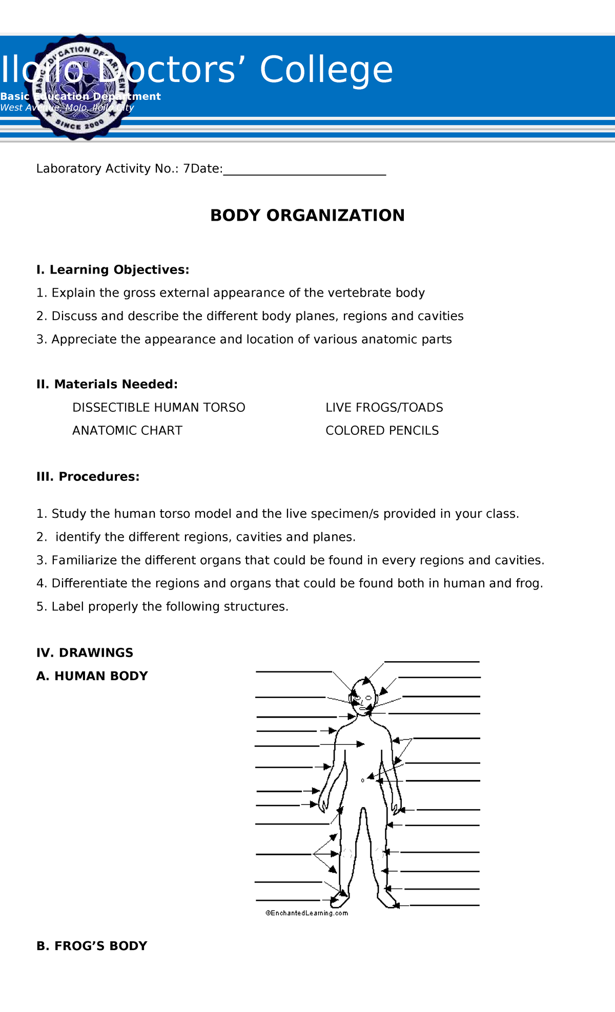 BIO 2 LAB 7 BODY Organization - BODY ORGANIZATION I. Learning ...
