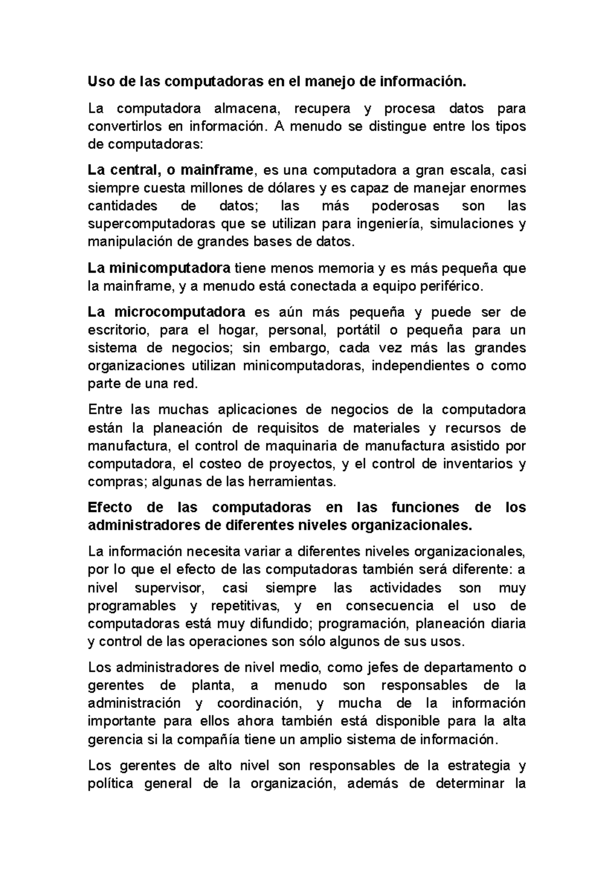 Uso de las computadoras en el manejo de información y conclusiones ...