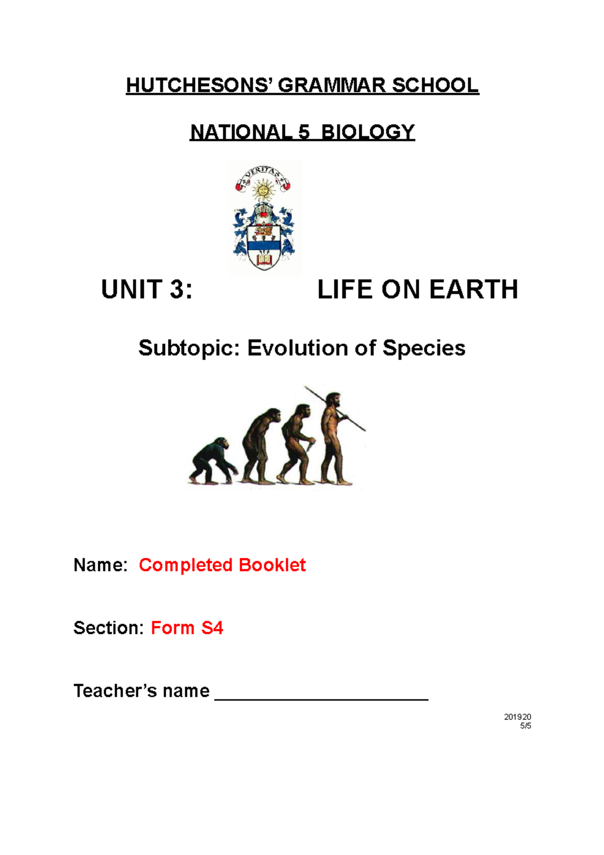 6. Evolution Of Species Completed booklet CB,DM - HUTCHESONS’ GRAMMAR ...