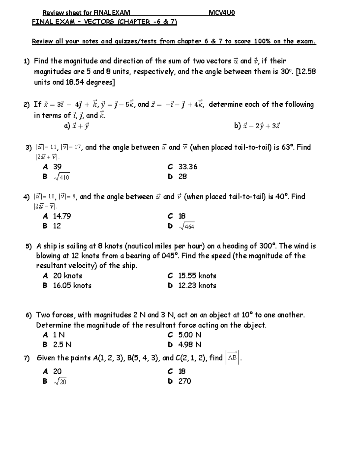 Calc and vec review sheet for final exam - Review sheet for FINAL EXAM ...