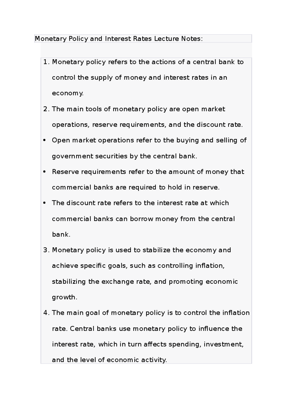 Monetary Policy and Interest Rates Lecture Notes - Monetary Policy and ...