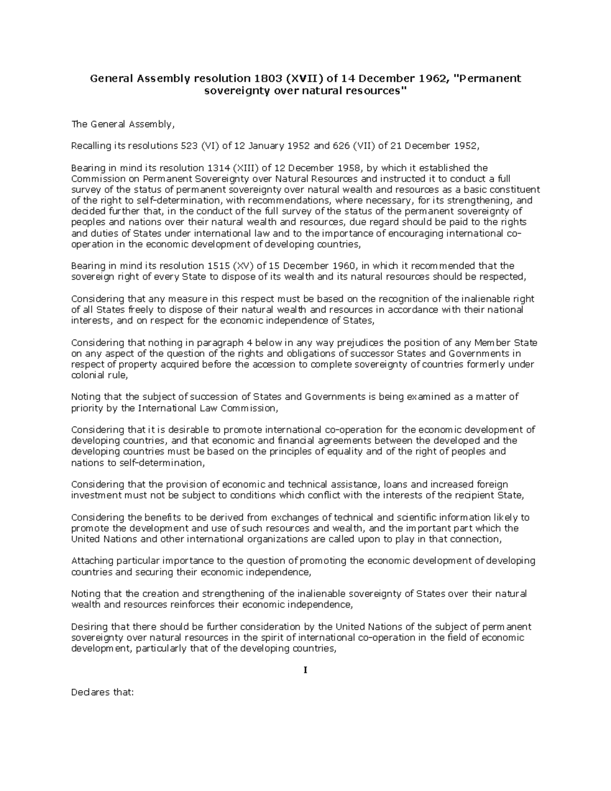 UN Resolution 1803, Permanent Sovereignty Over Natural Resources ...