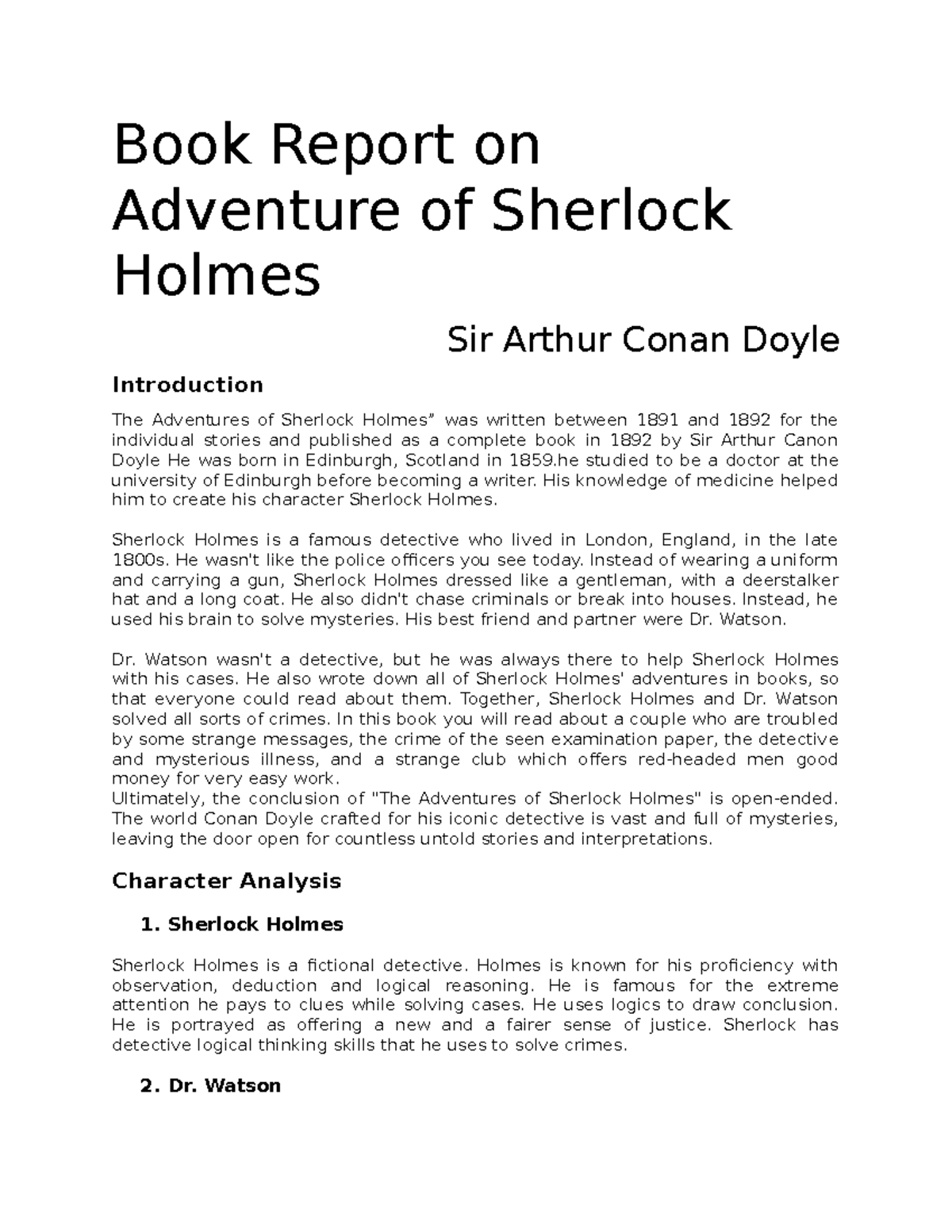 Article-Sherlock Holmes - Book Report on Adventure of Sherlock Holmes ...