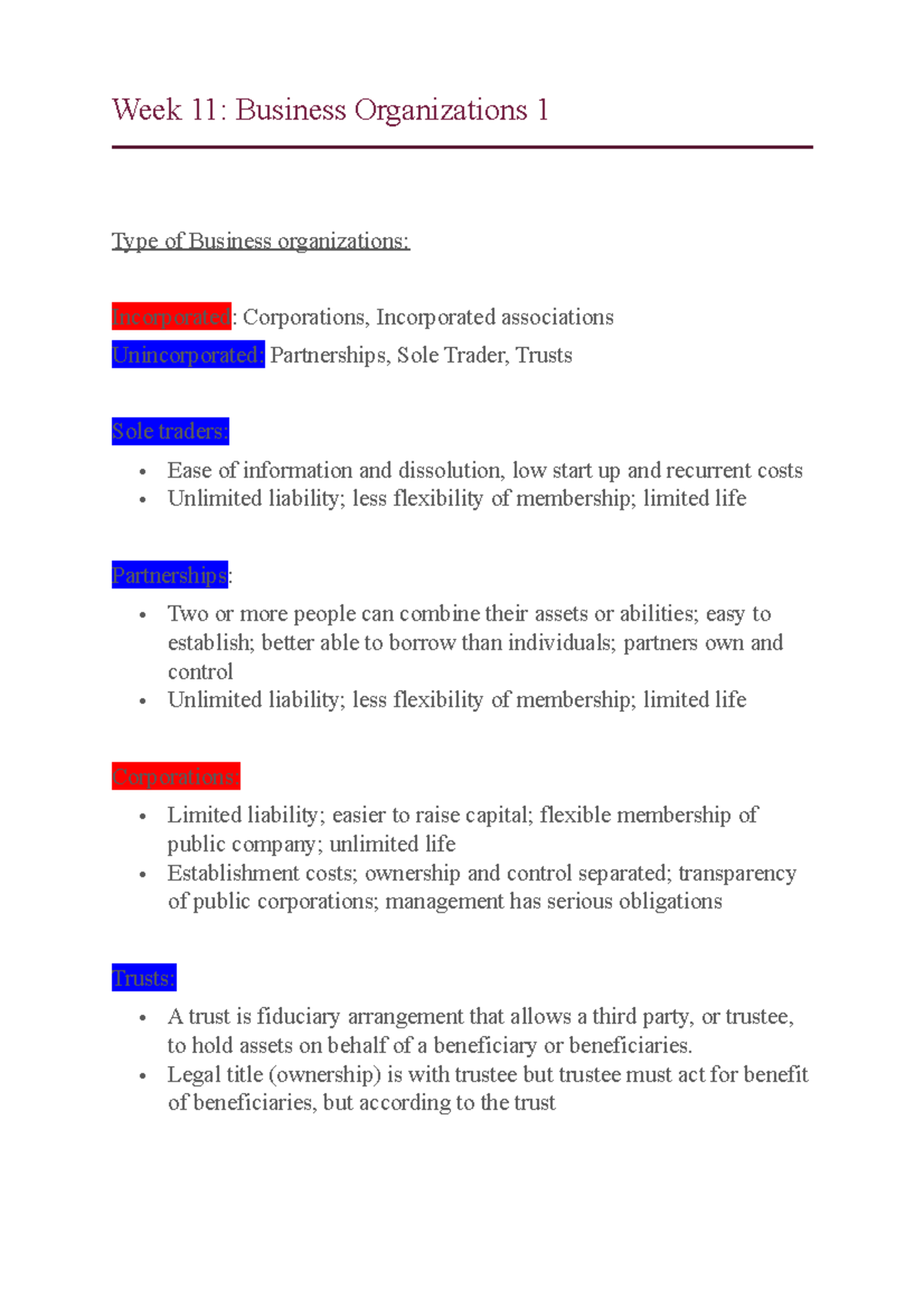 Week 11 notes btc - Week 11: Business Organizations 1 Type of Business ...
