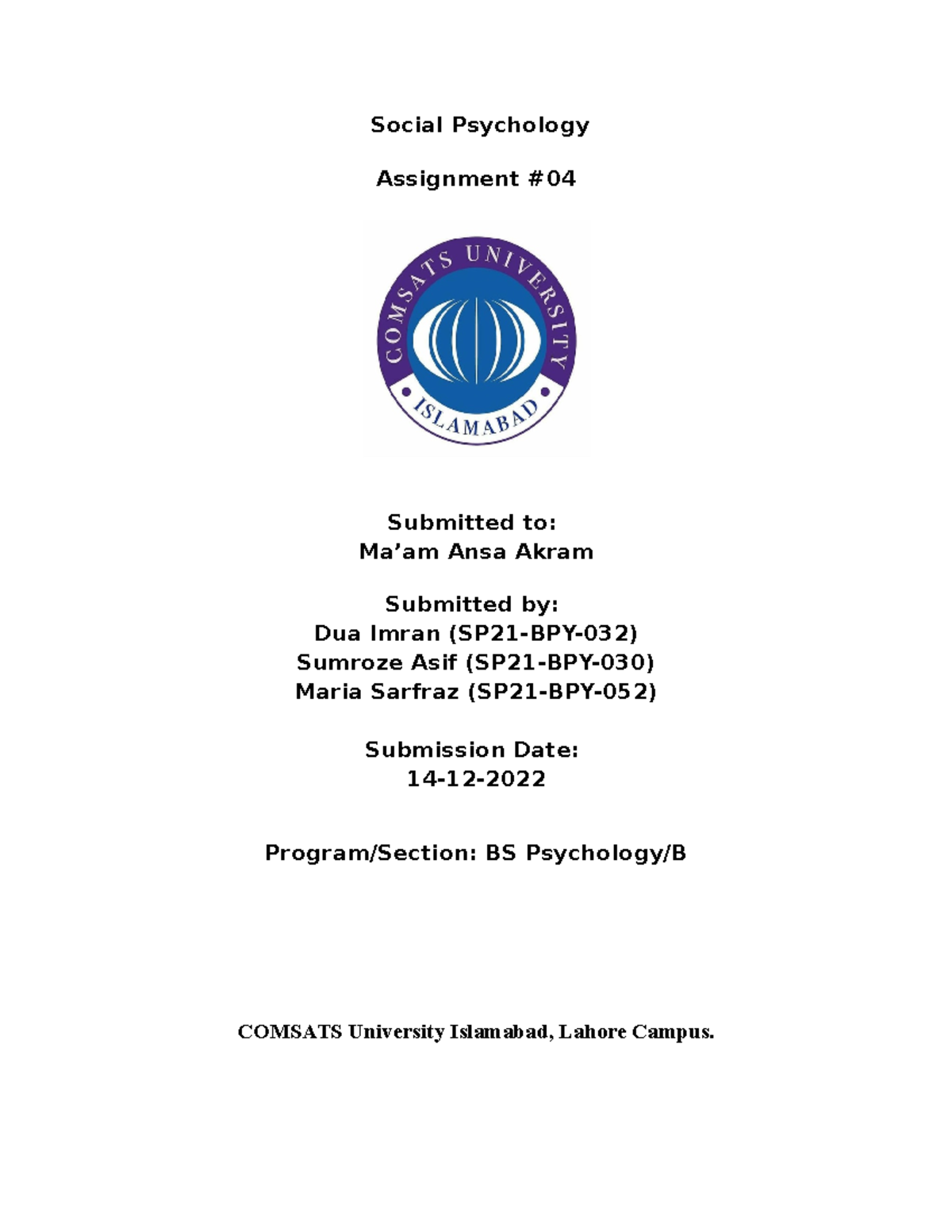Social Psychology Assign 4 - Social Psychology Assignment Submitted to ... Social Psychology Assign 4 - Social Psychology Assignment Submitted to ...