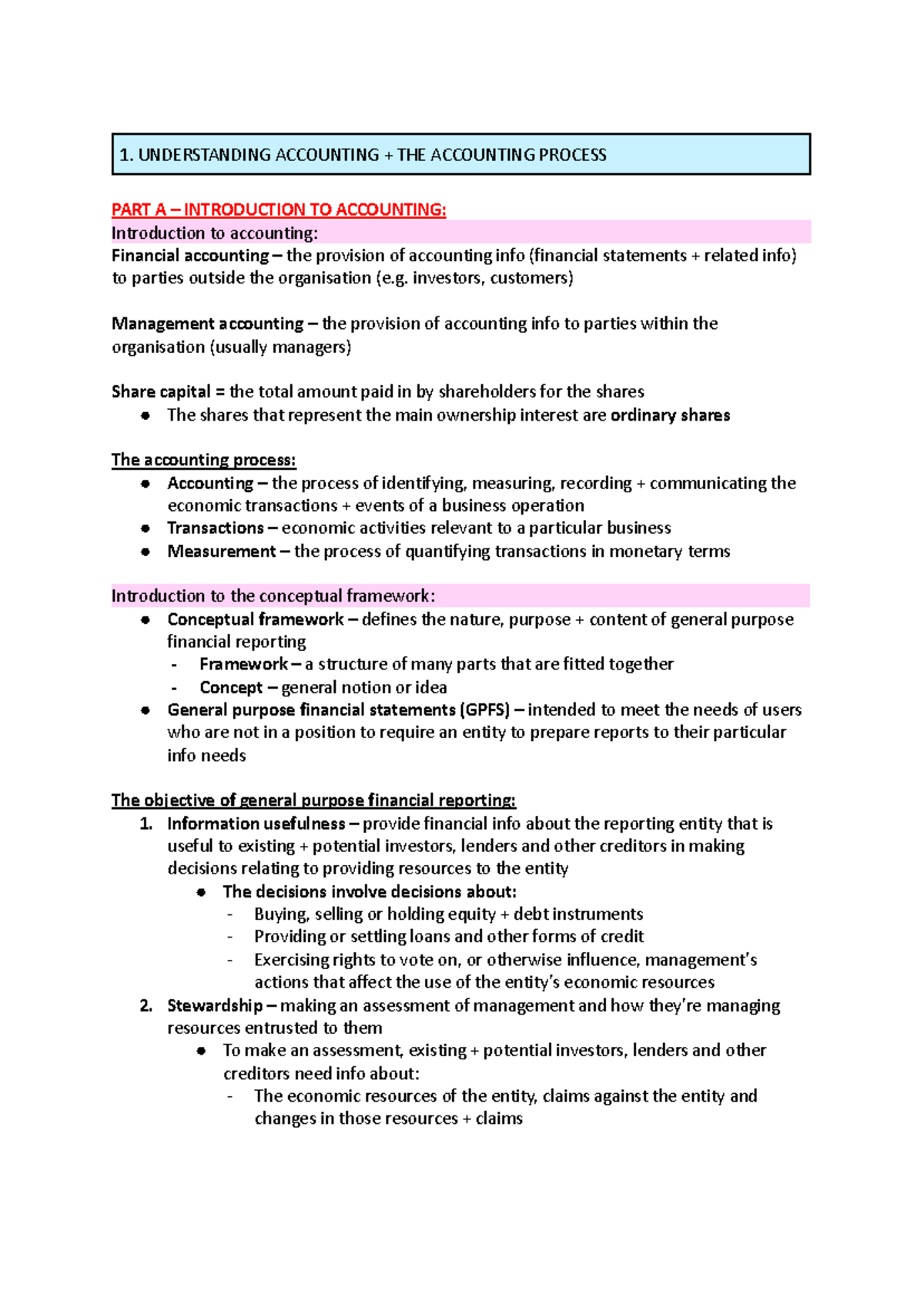 ACCT1006 Module 1 Notes - 1. UNDERSTANDING ACCOUNTING + THE ACCOUNTING ...