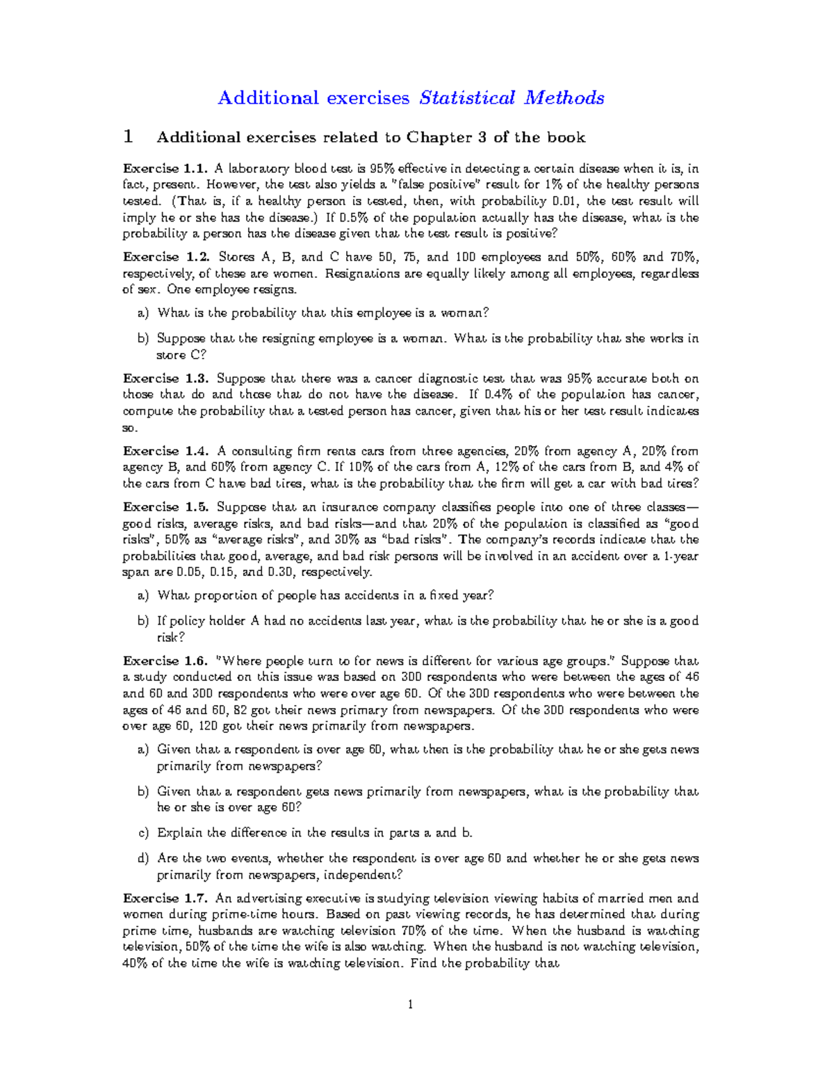 Additional Exercises Additional Exercises Statistical Methods 1 Additional Exercises Related