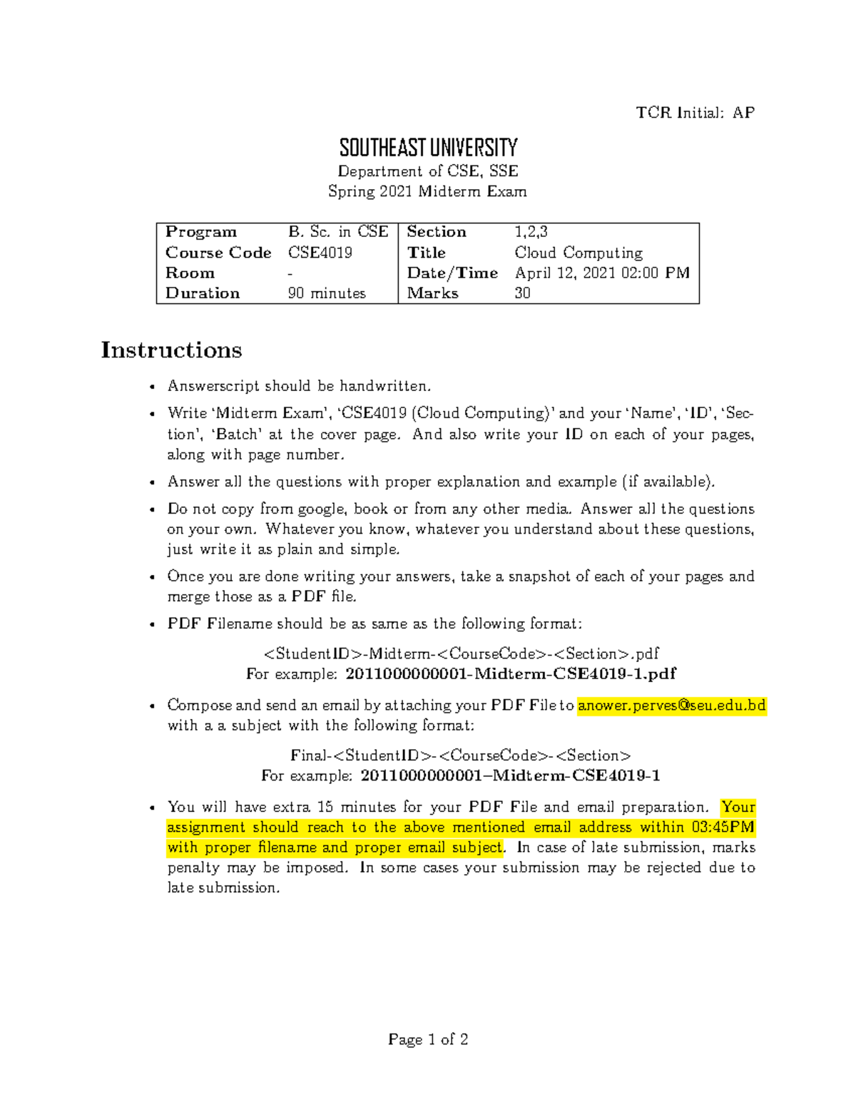 CSE4019 123Mid AP - Cloud computing question - TCR Initial: AP SOUTHEAST UNIVERSITY Department ...