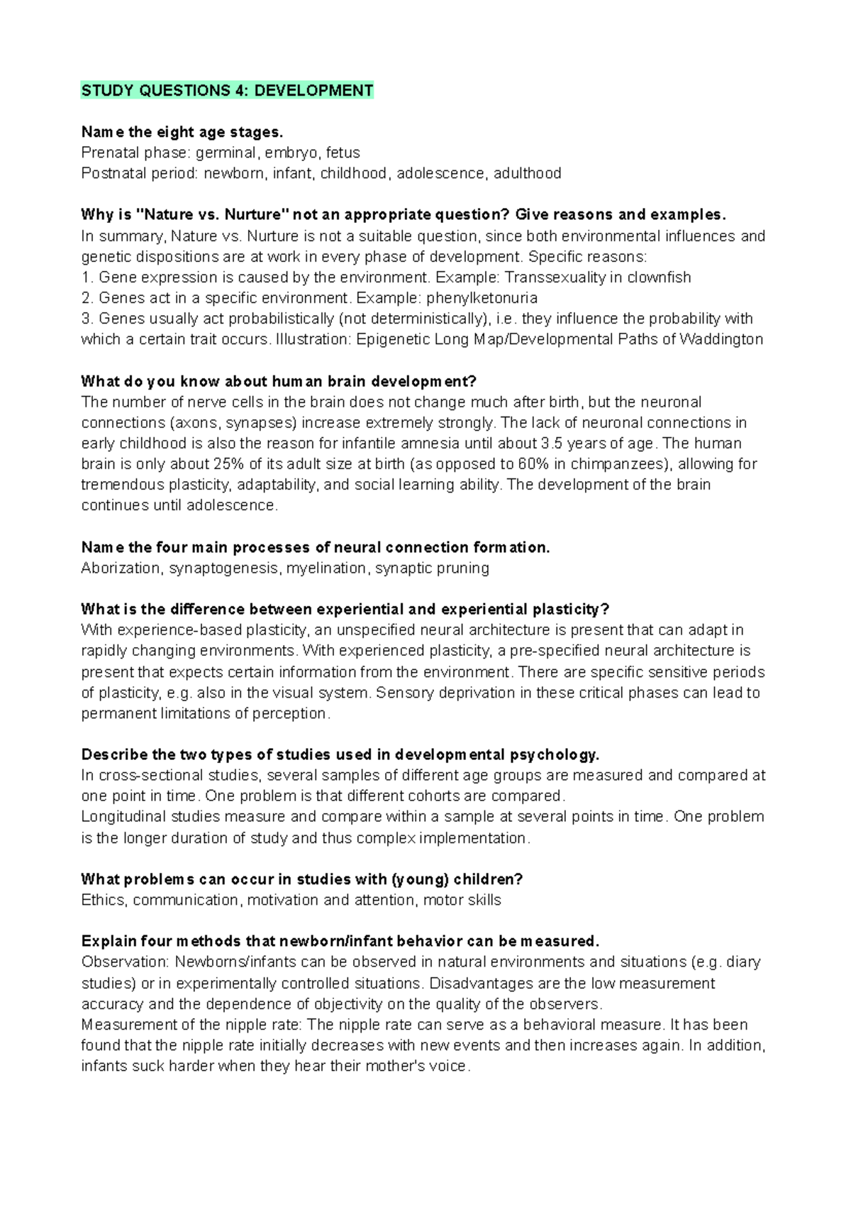 Study questions 4 - Development - STUDY QUESTIONS 4: DEVELOPMENT Name ...