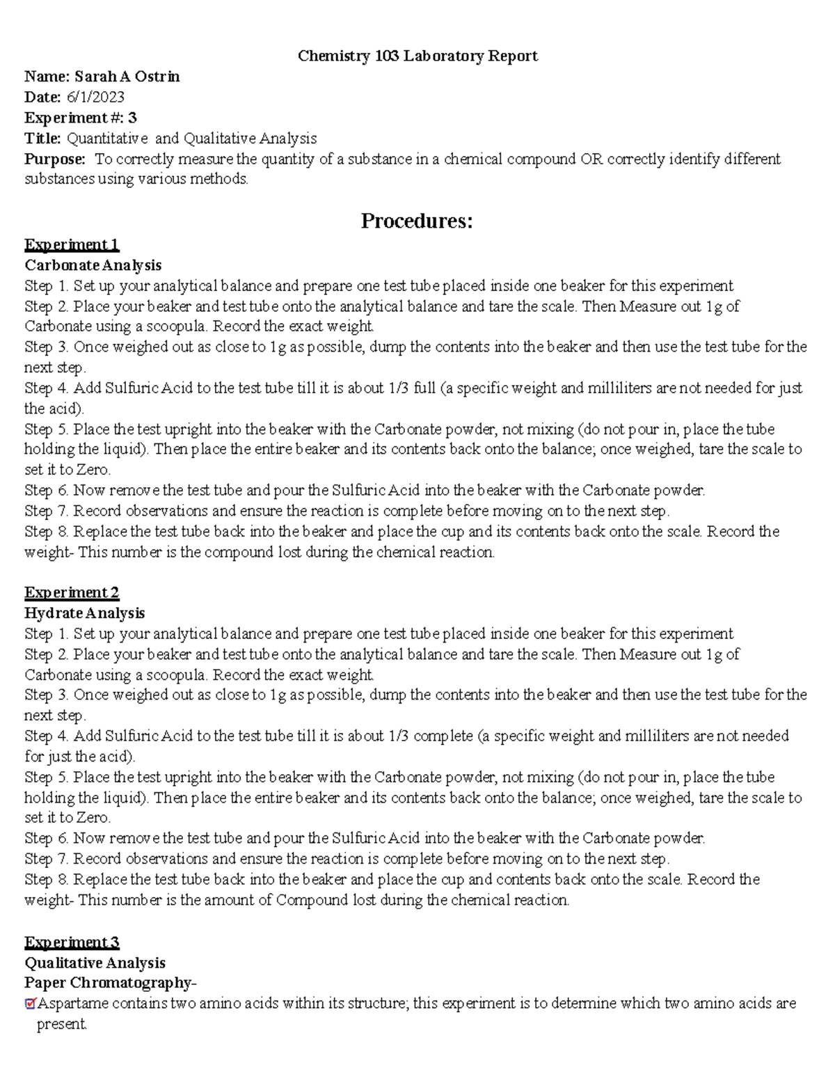 Chemistry Lab Report 3 103 - Chemistry 103 Laboratory Report Name ...