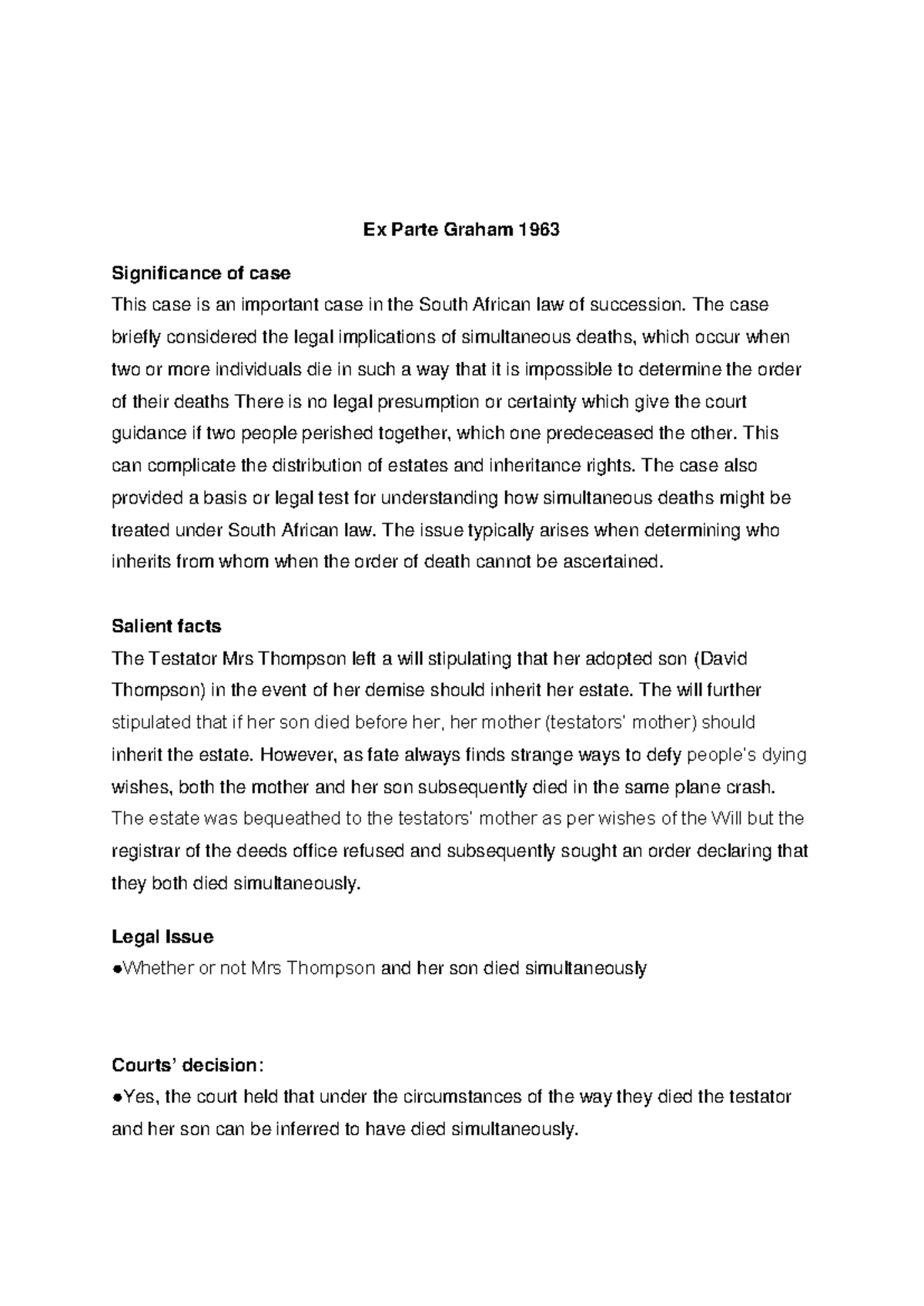 Ex Parte Graham Simultaneous Death - Ex Parte Graham 1963 Significance ...