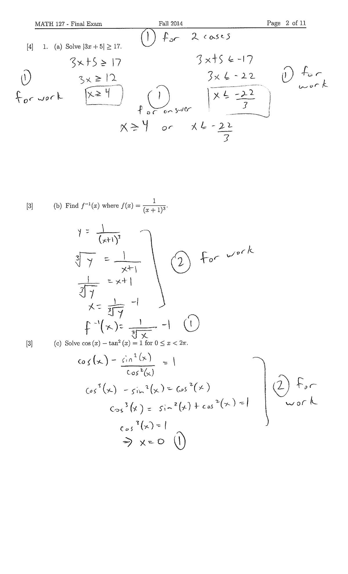 Fall 2014 exam 1 Practice - MATH 127 Final Exam Fall 2014 Page 2 of 11 1 for 2 cases 1. (a ...