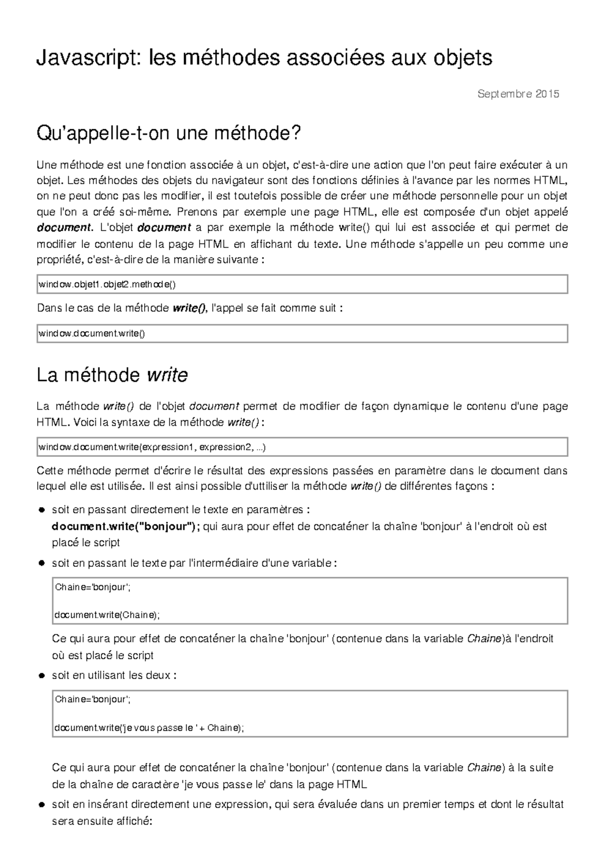 Javascript les methodes associees aux objets - Septembre 2015 ...