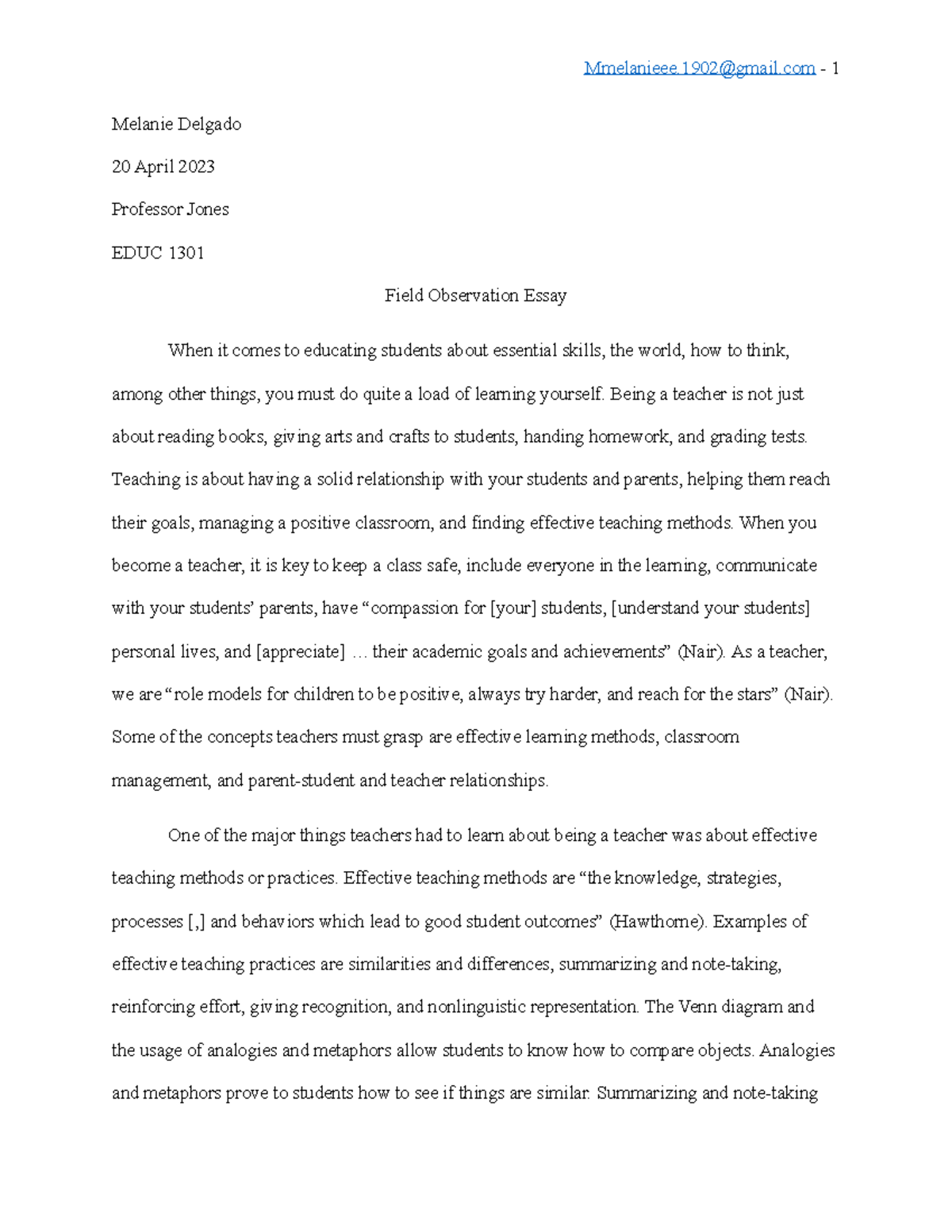 Field Observation Reflective Essay - Melanie Delgado 20 April 2023 ...