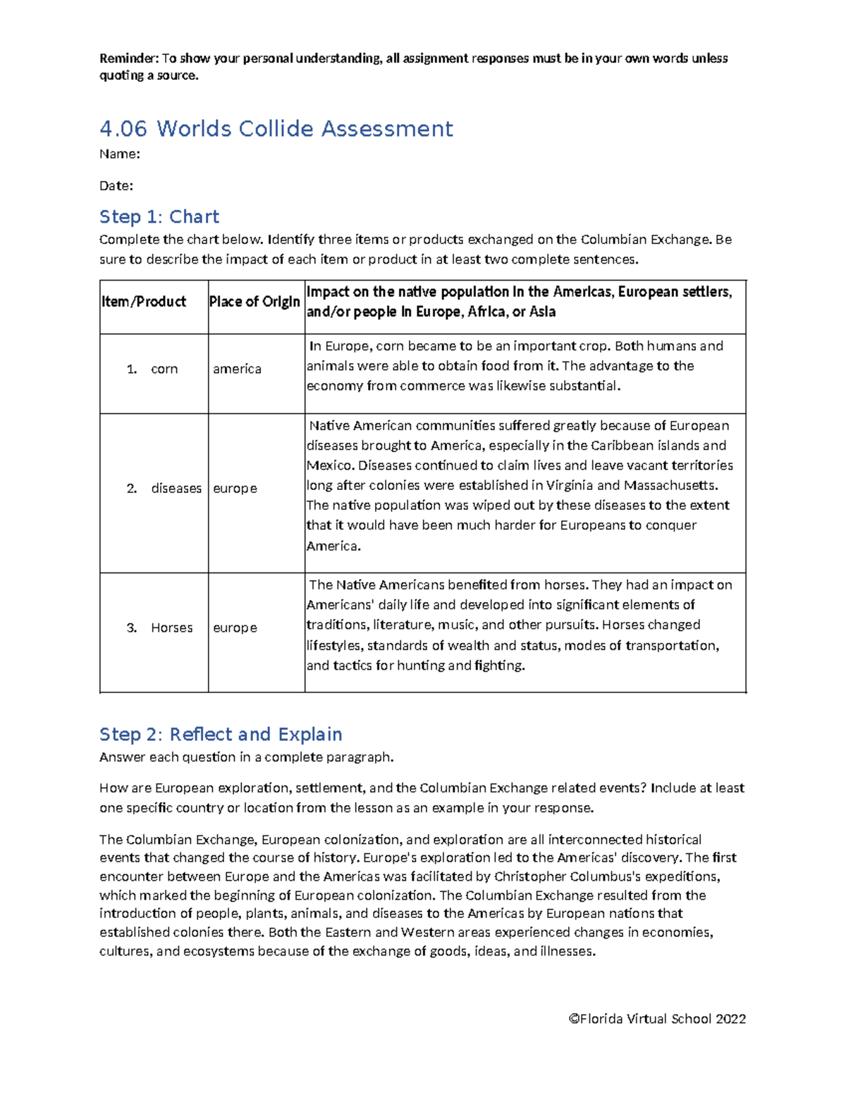 4.06 Worlds collide assessment honors - Reminder: To show your personal ...