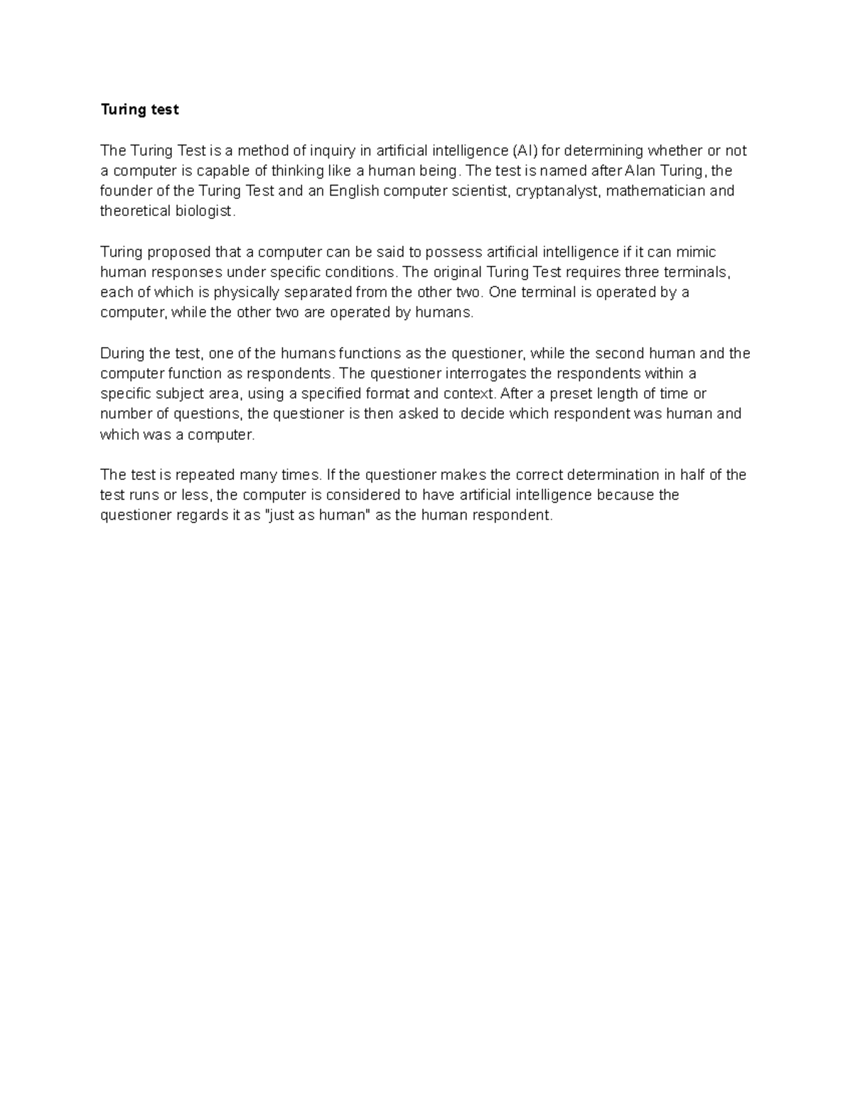 Turing test - The test is named after Alan Turing, the founder of the ...