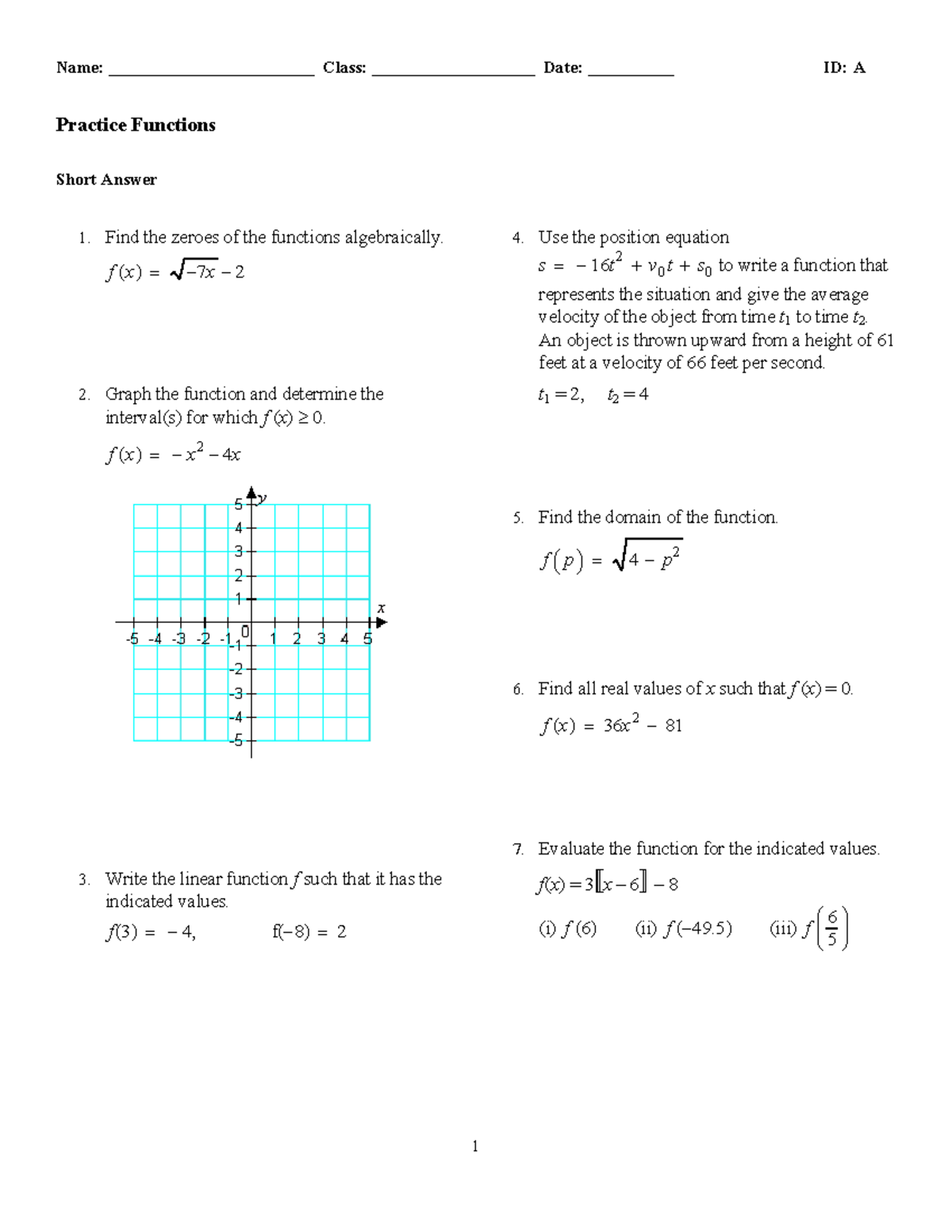 Practice U1 Functions A - Name: ________________________ Class ...