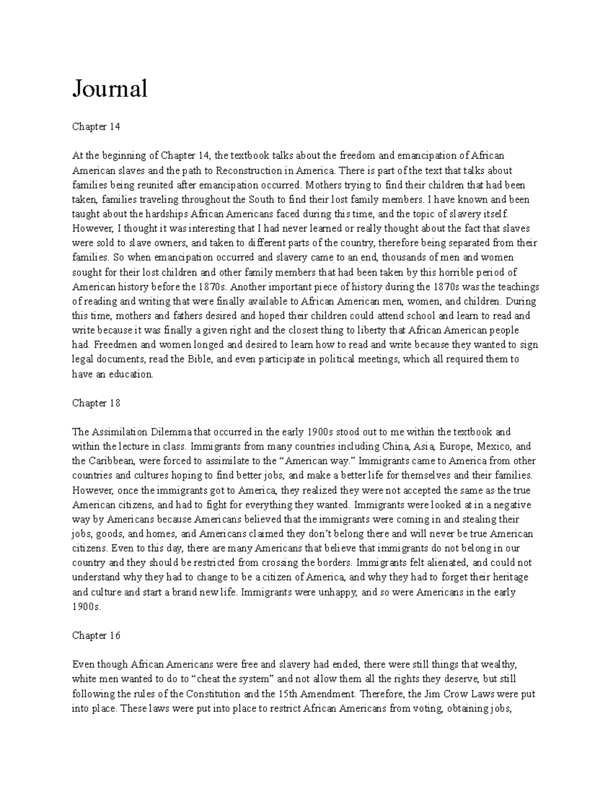 HIST 2620- Journal Entries - Journal Chapter 14 At the beginning of ...