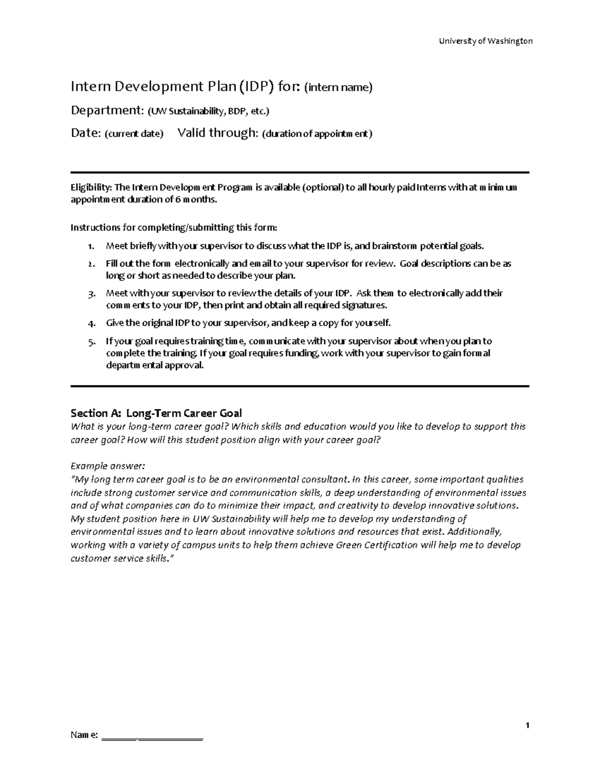 Intern Development Program Form - University of Washington Name ...
