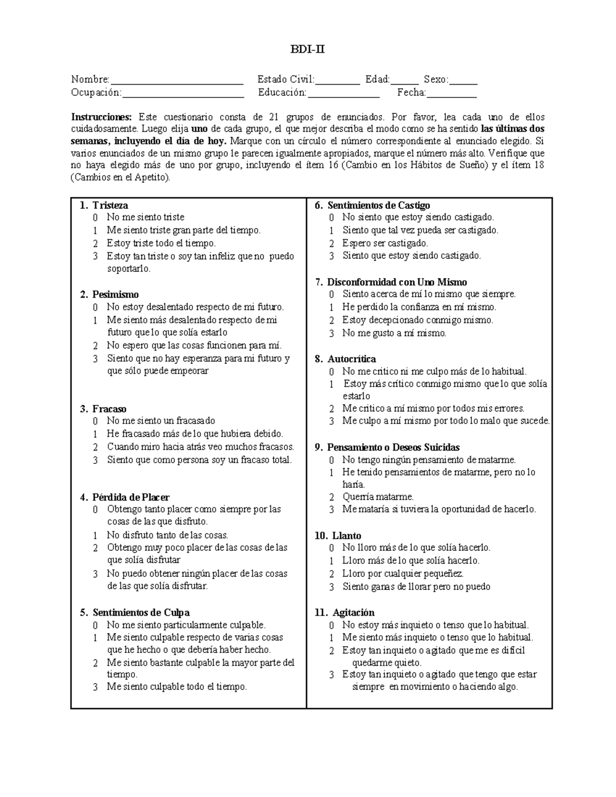 Inventario de Depresión de Beck-II - BDI-II Nombre ...