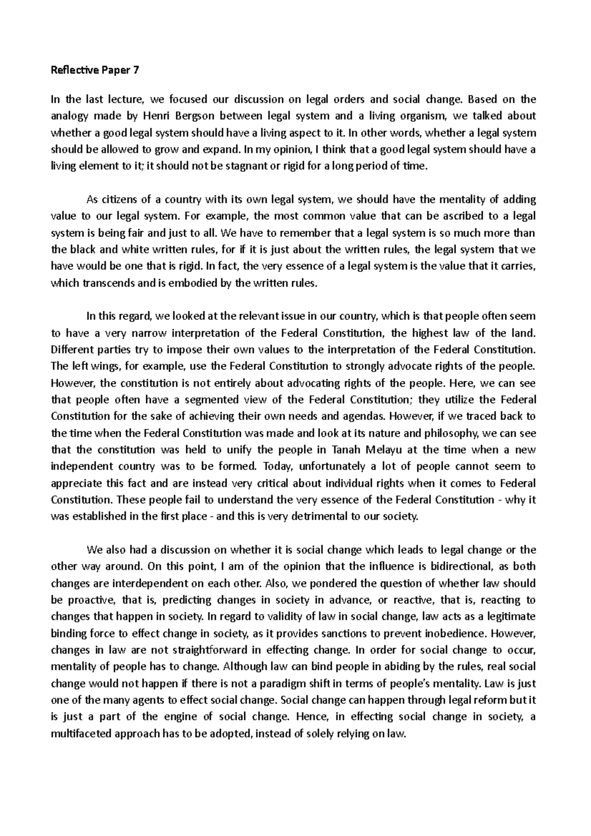 Reflective paper 7 - Reflective Paper 7 In the last lecture, we focused ...