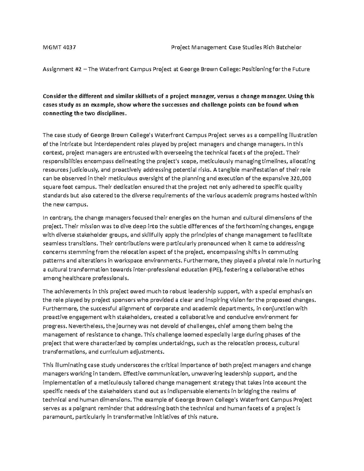 Assignment 2 - Waterfront - MGMT 4037 Project Management Case Studies ...