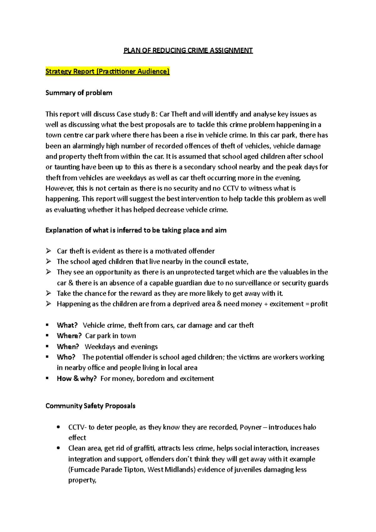 Car Theft - Reducing Crime - PLAN OF REDUCING CRIME ASSIGNMENT Strategy ...