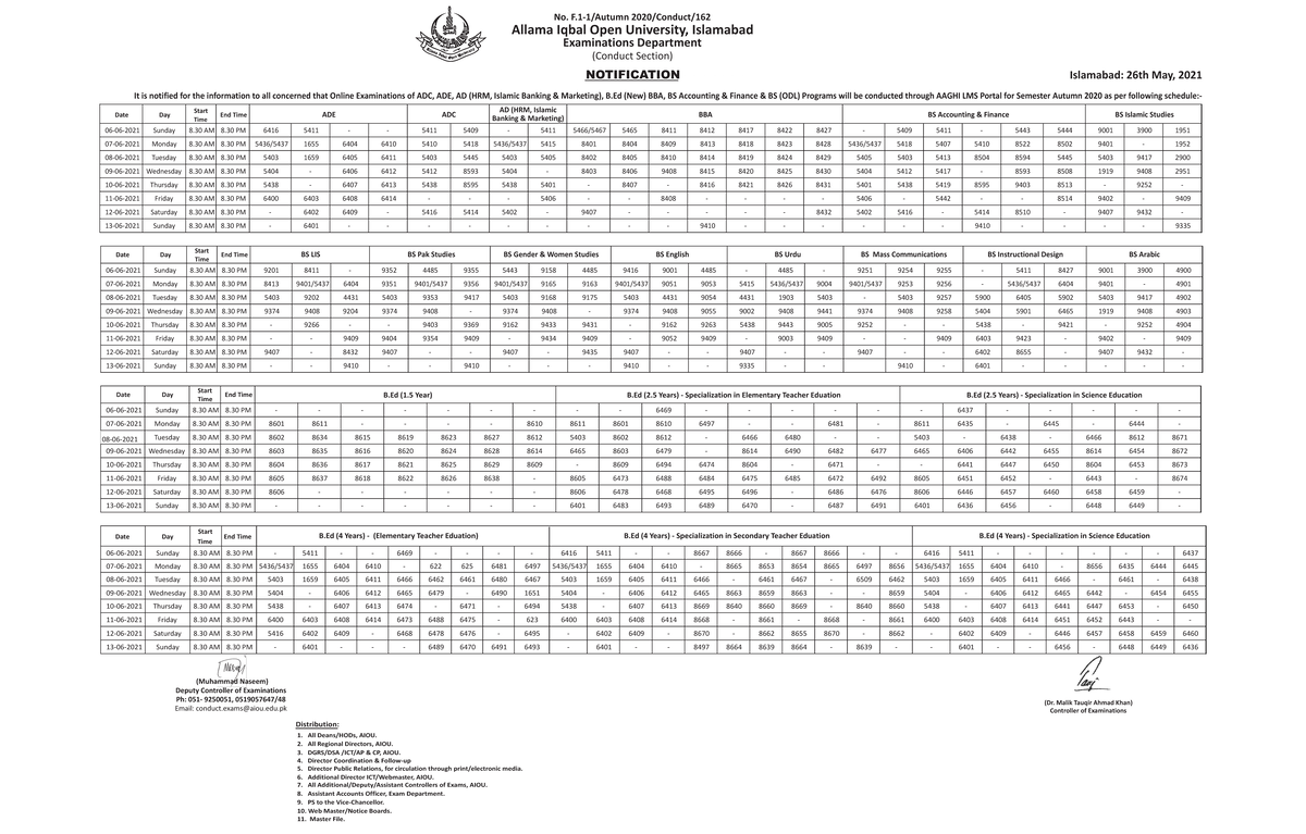 Online Exams Of Adc Ade Bs Bed Autumn 2020 Set Date Day Start Time