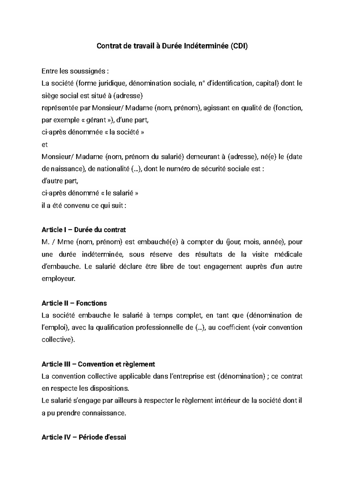 Modèle de Contrat de travail à Durée Indéterminée (CDI) - Contrat de ...