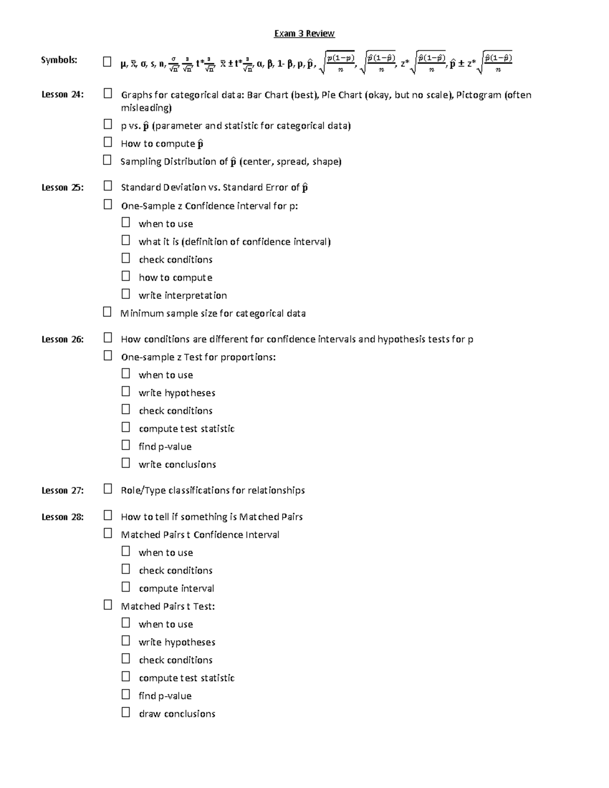 Exam Review Checklist Exam 3-1 - Exam 3 Review Symbols: μ, x̅, σ, s, n ...