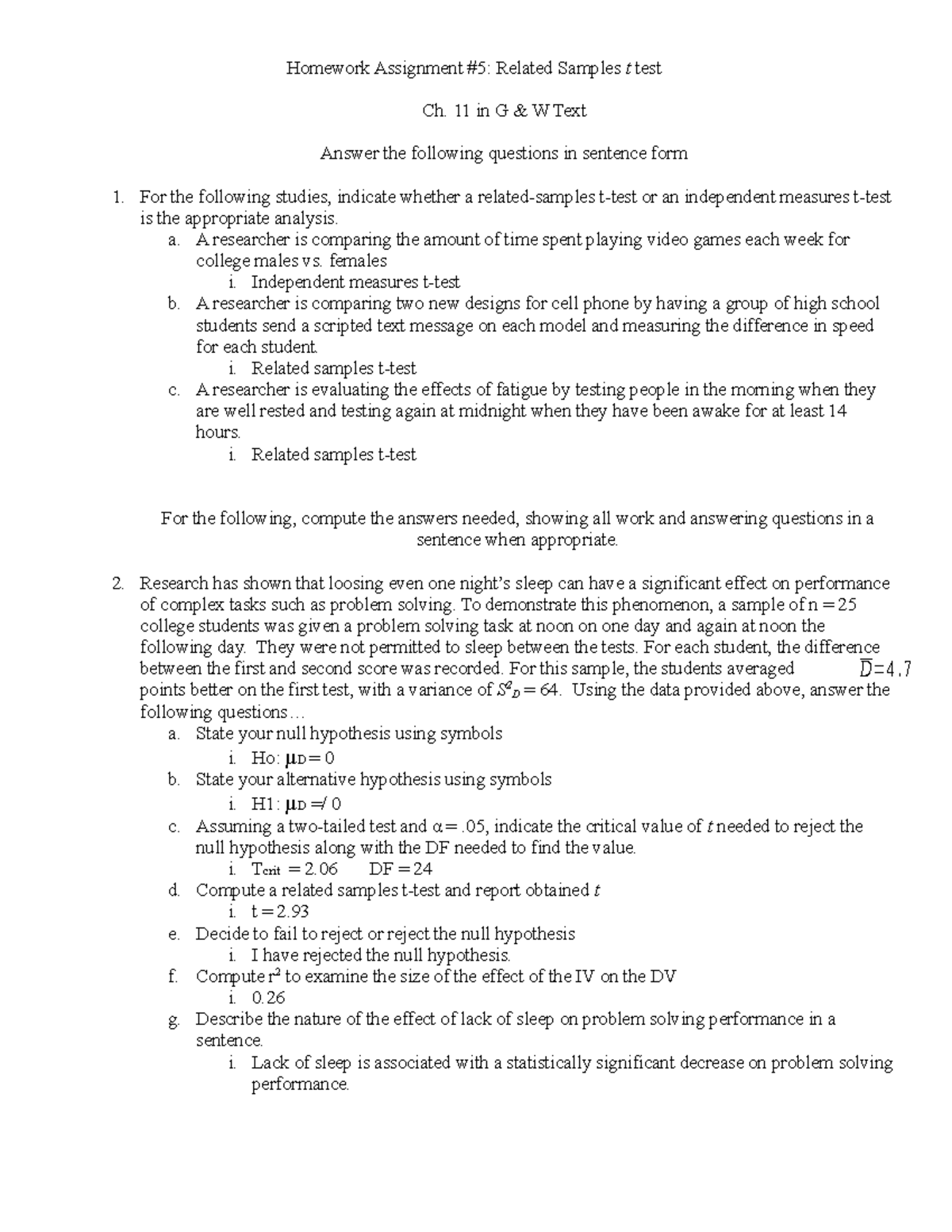 Related Samples T 8 - Homework Assignment #5: Related Samples t test Ch ...