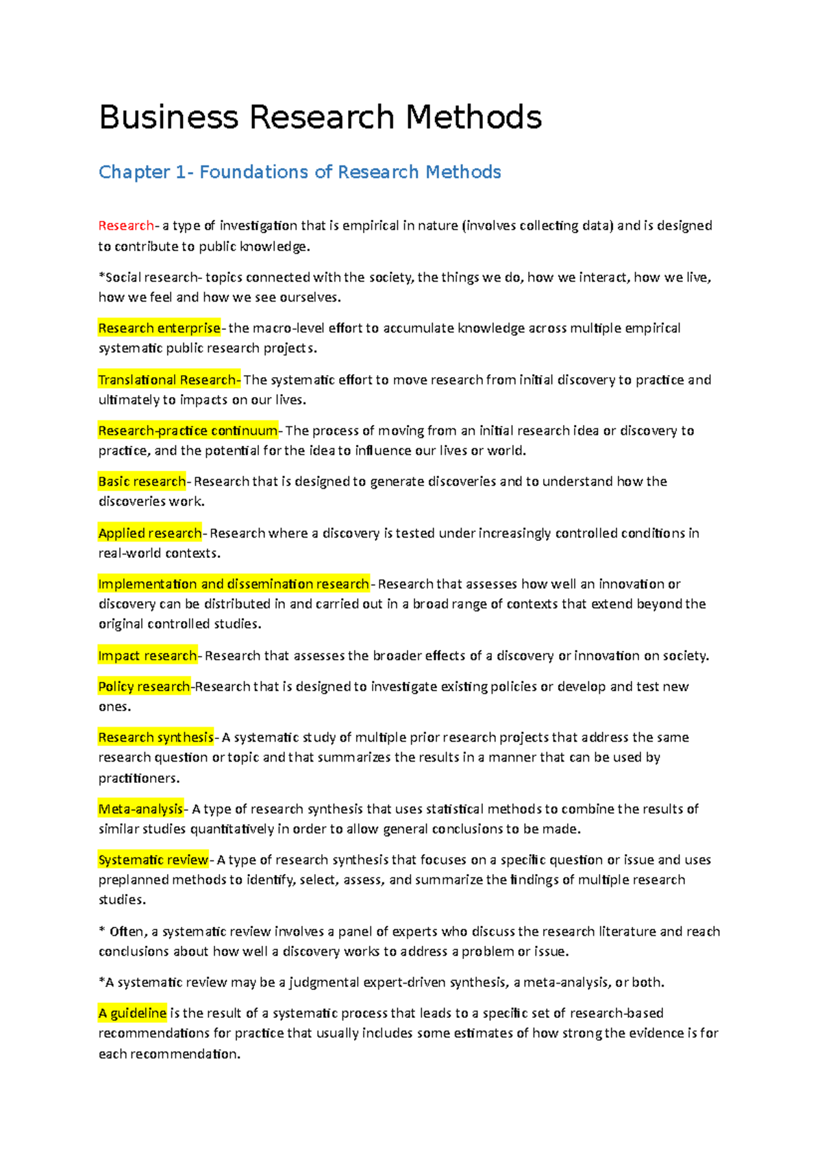 Summary - Business Research Methods Chapter Foundations of Research ...