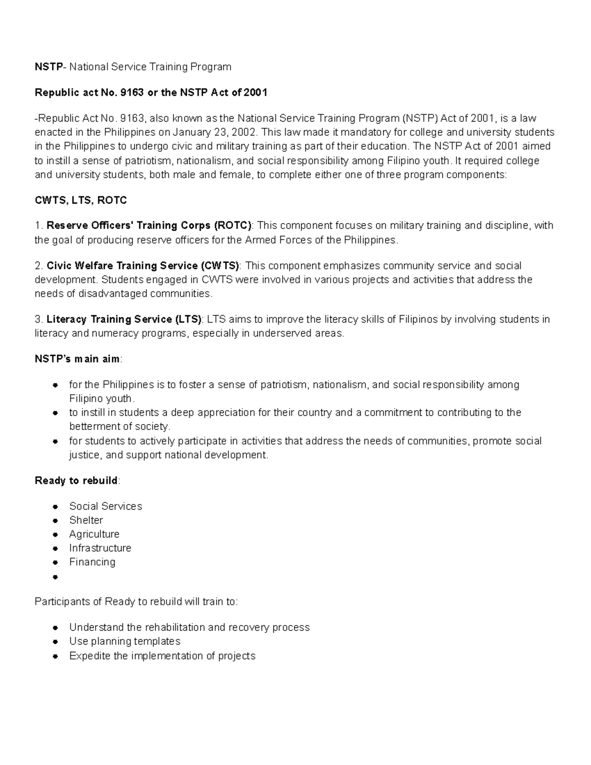 CWTS Notes - NSTP- National Service Training Program Republic act No ...