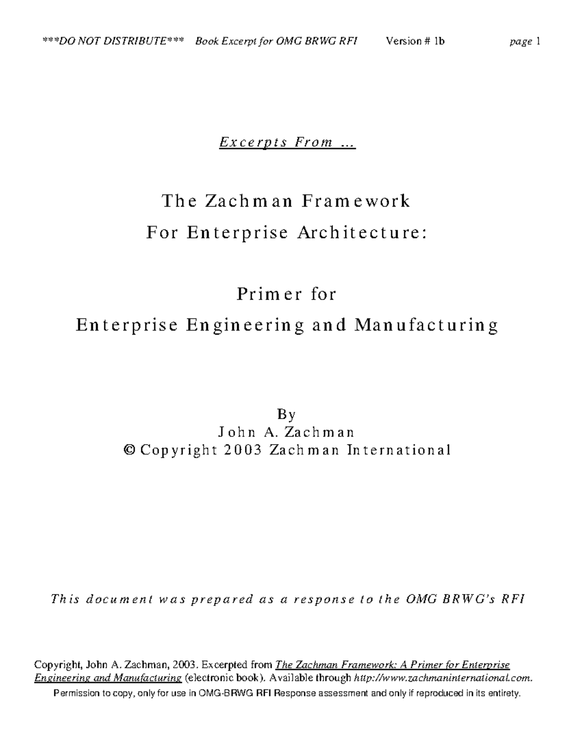 Zachman Book RFIextract - Copyright, John A. Zachman, 2003. Excerpted ...