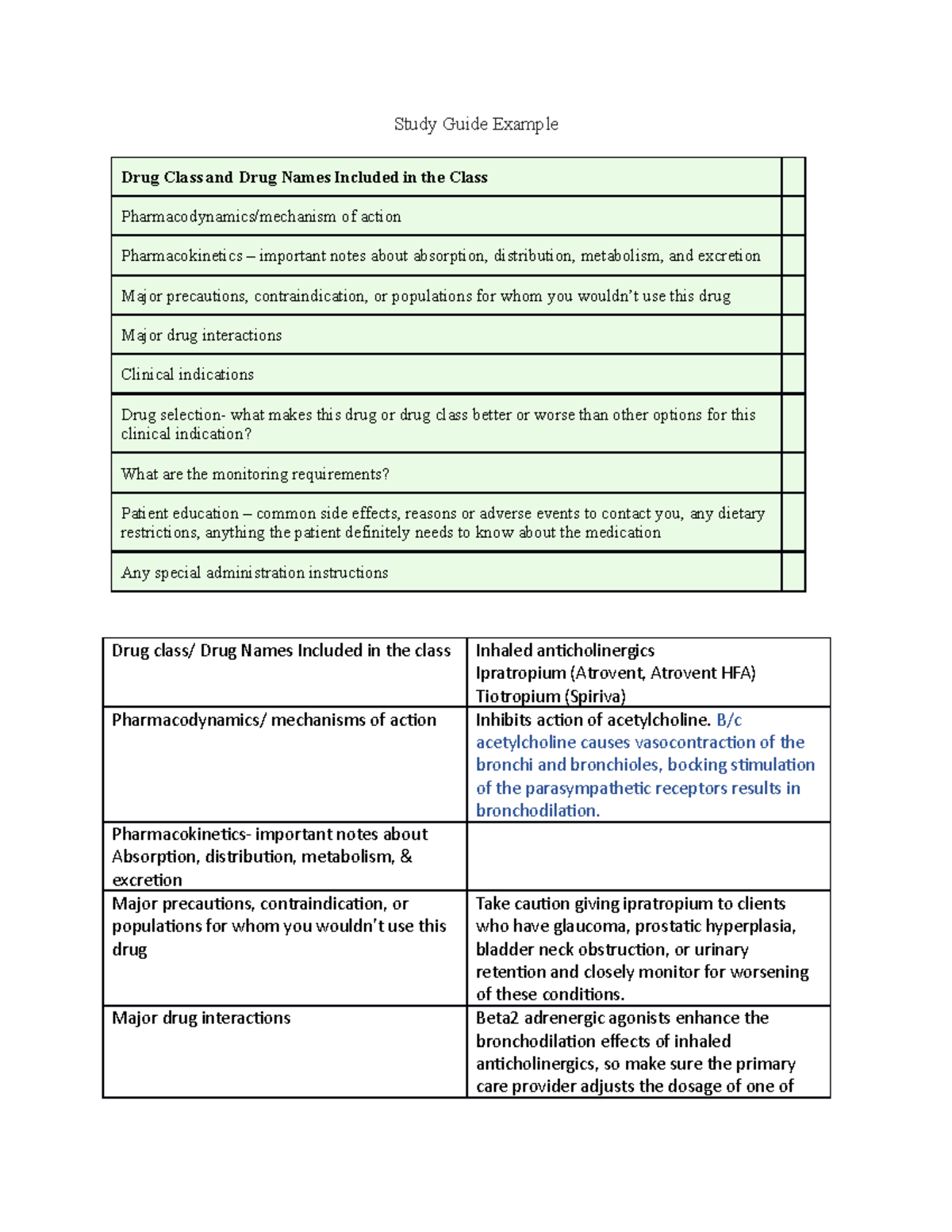 Study Guide Example - Study Guide Example Drug Class and Drug Names ...