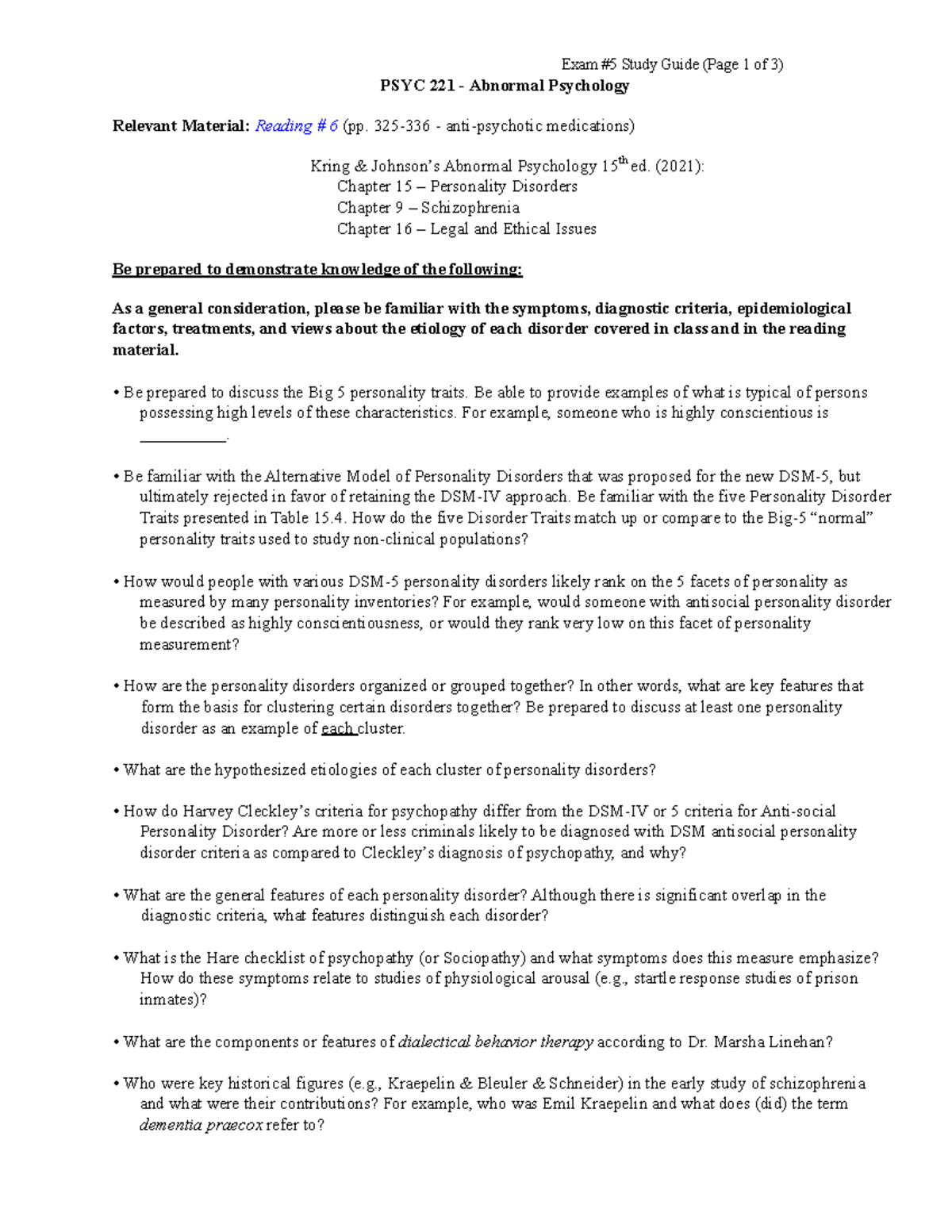 221 Study Guide Exam 5 (S22) - Exam #5 Study Guide (Page 1 of 3) PSYC 221 - Abnormal Psychology ...