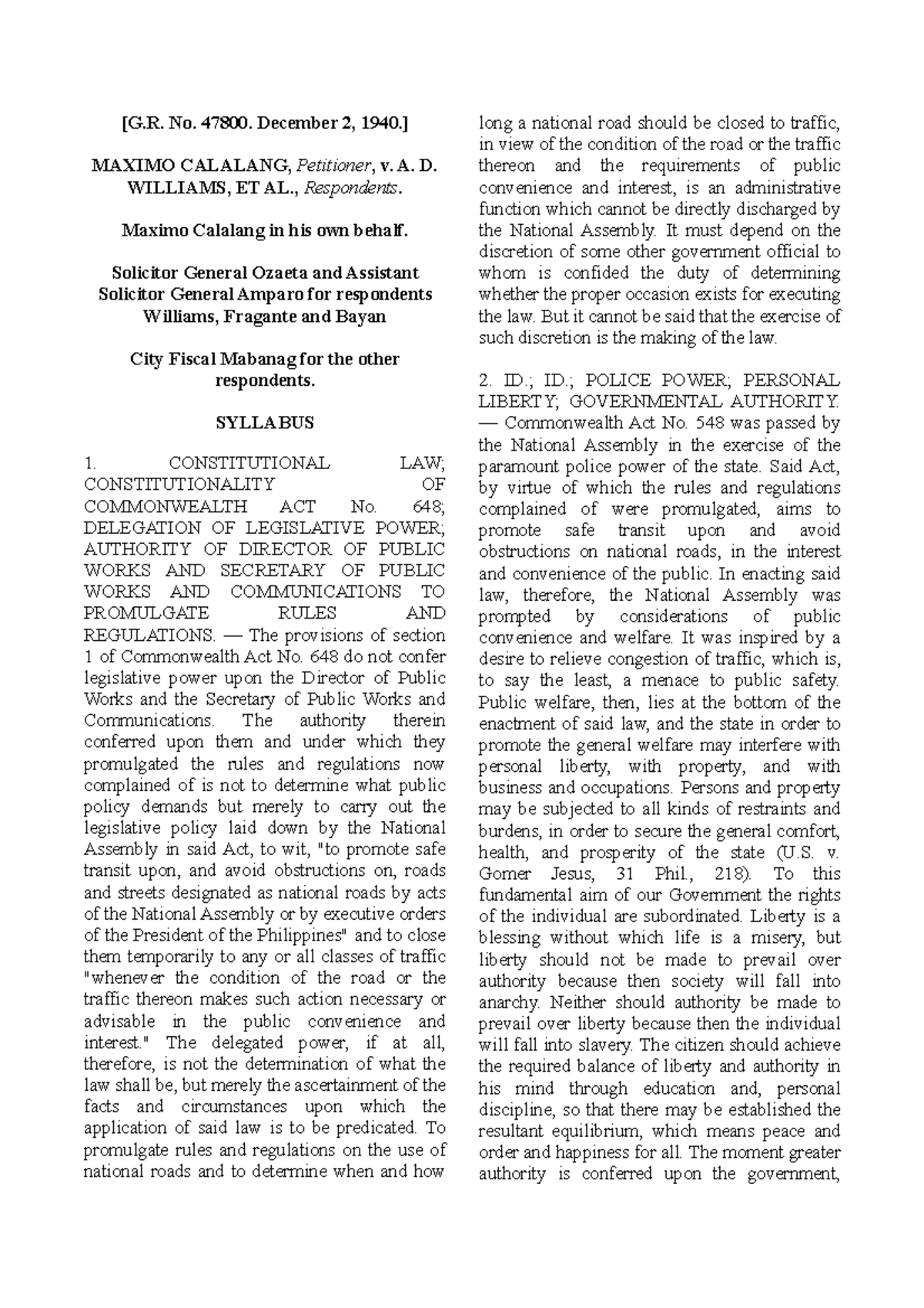 Calalang - landmark case on social justice - [G. No. 47800. December 2 ...